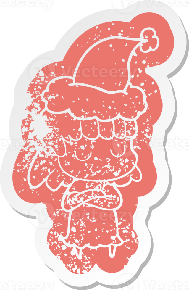 quirky cartoon distressed sticker of a indifferent woman wearing santa ...