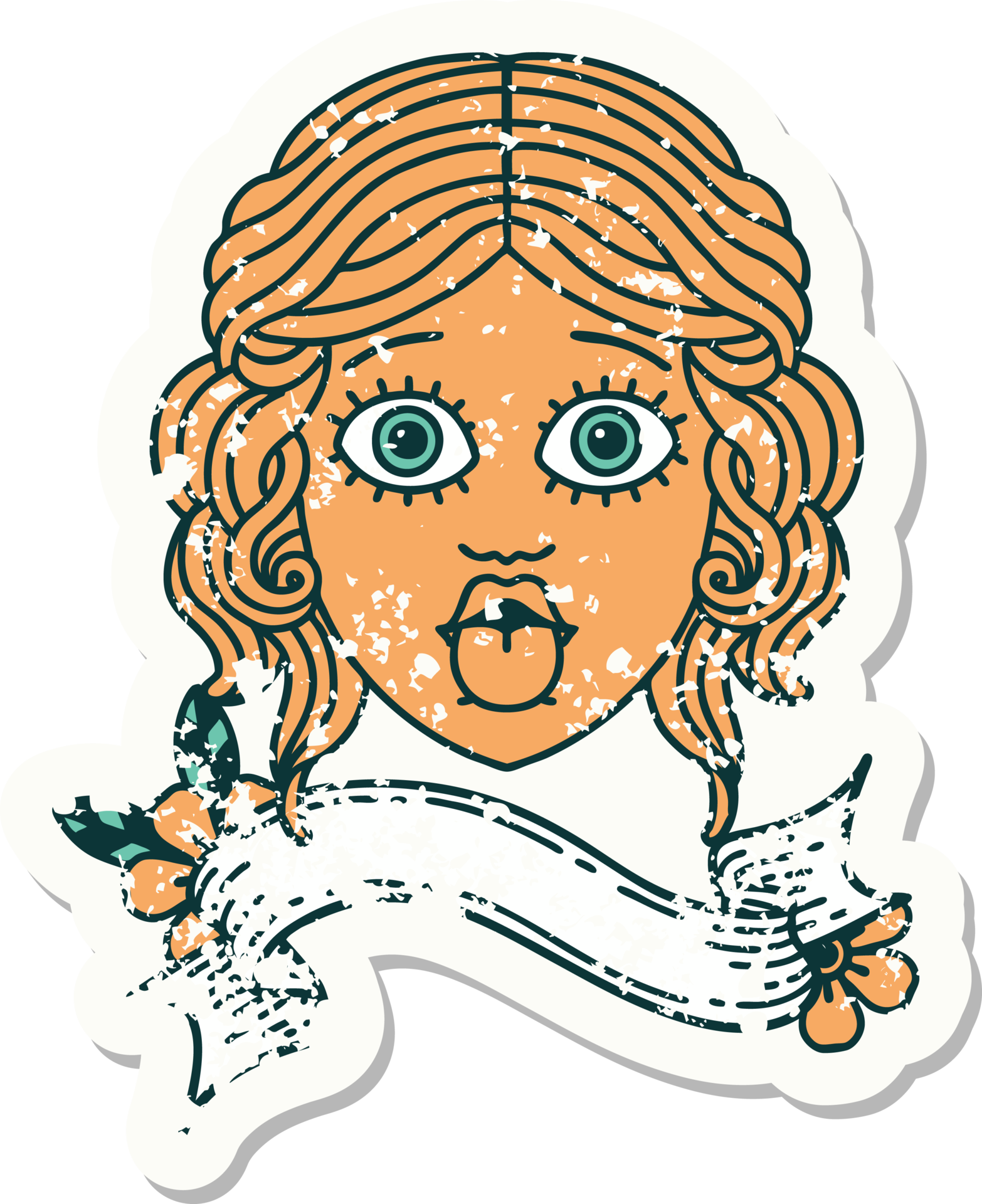 worn old sticker with banner of female face sticking out tongue 44948987 PNG