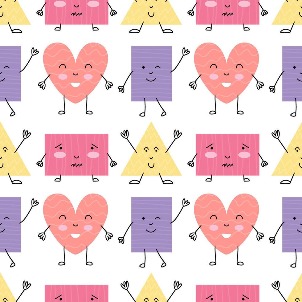 Cute shapes characters flat style seamless pattern. Heart, triangle and ...