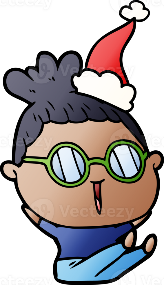 Hand Drawn Gradient Cartoon Of A Woman Wearing Spectacles Wearing Santa