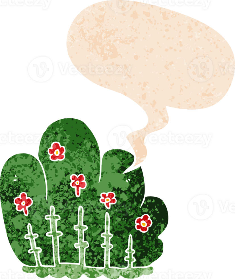 cartoon hedge with speech bubble in grunge distressed retro textured style 45078446 PNG