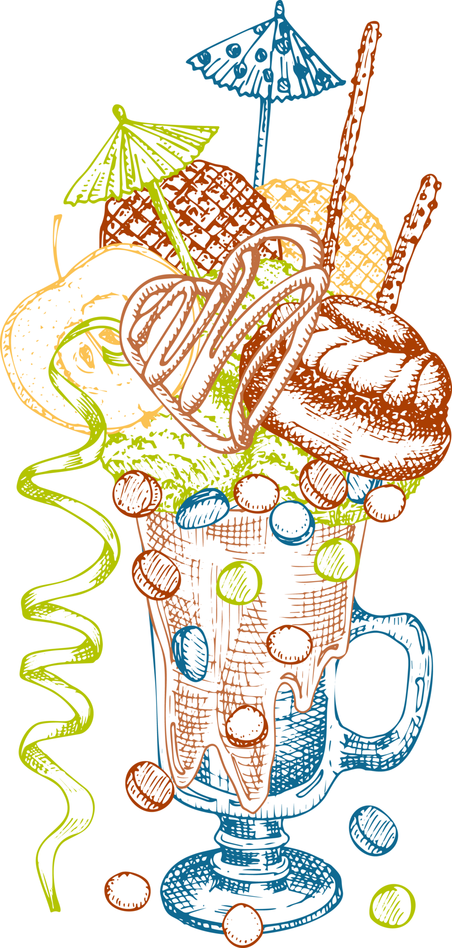 Milkshake dessert, isolated background. Hand drawn color line art, sketch style Chocolate, donut ...