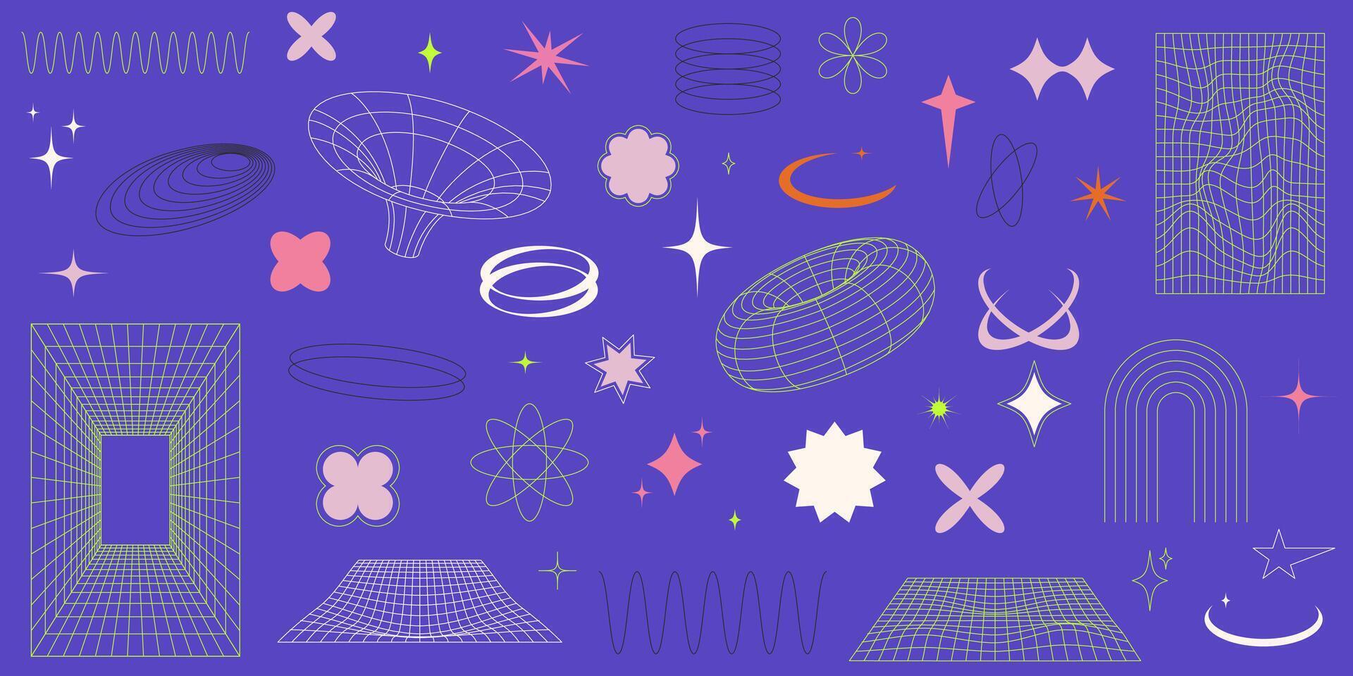 Retro futuristic abstract geometric shapes and wireframes set. Bold ...