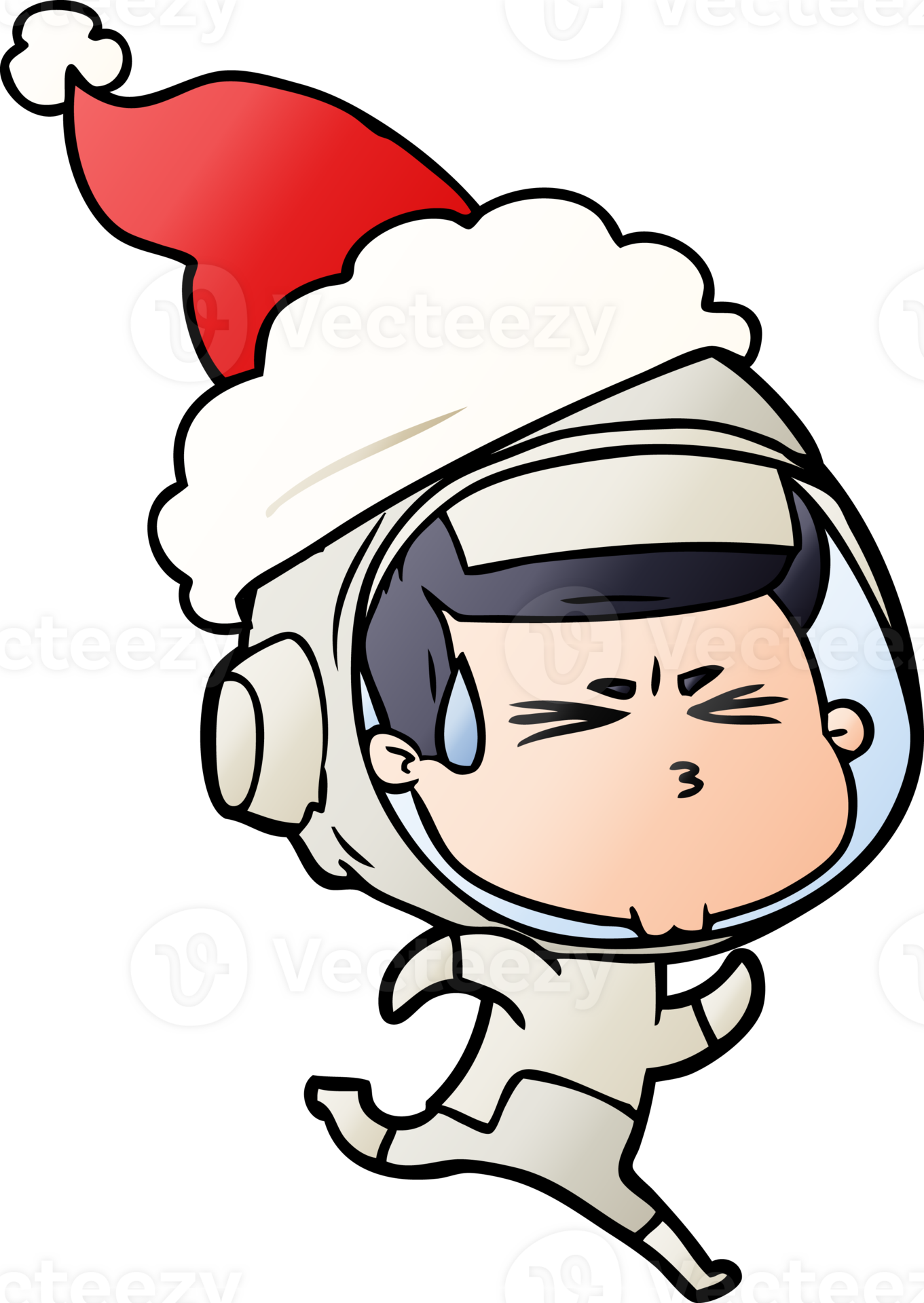 Hand Drawn Gradient Cartoon Of A Stressed Astronaut Wearing Santa Hat