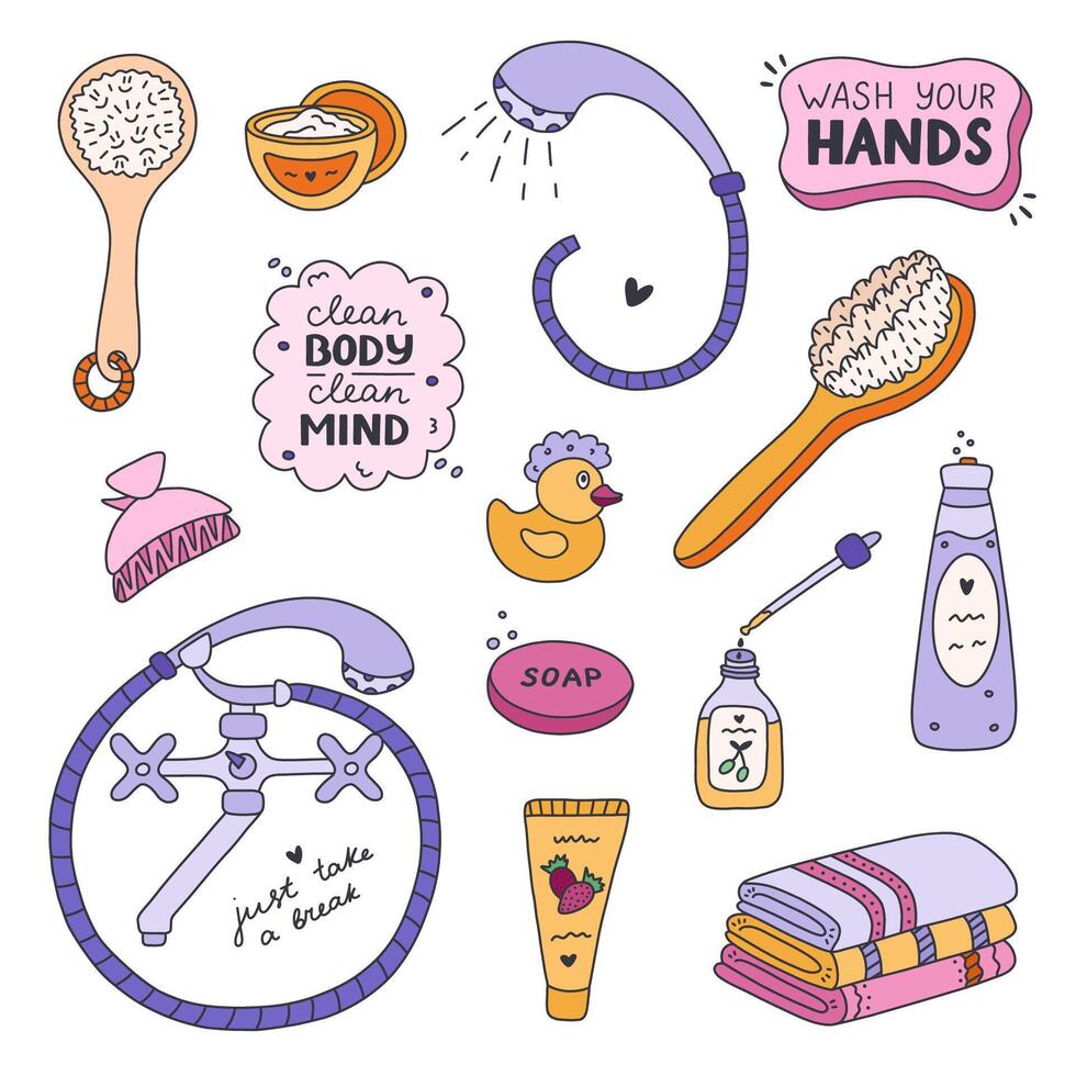 Cute hand drawn doodle set of hygiene items, bathroom and shower ...
