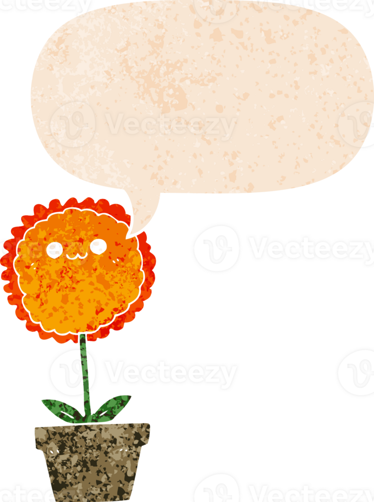 cartoon flower with speech bubble in grunge distressed retro textured style 45136079 PNG