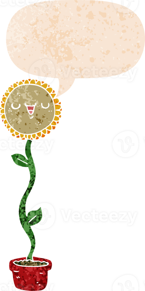 cartoon sunflower with speech bubble in grunge distressed retro textured style 45167169 PNG