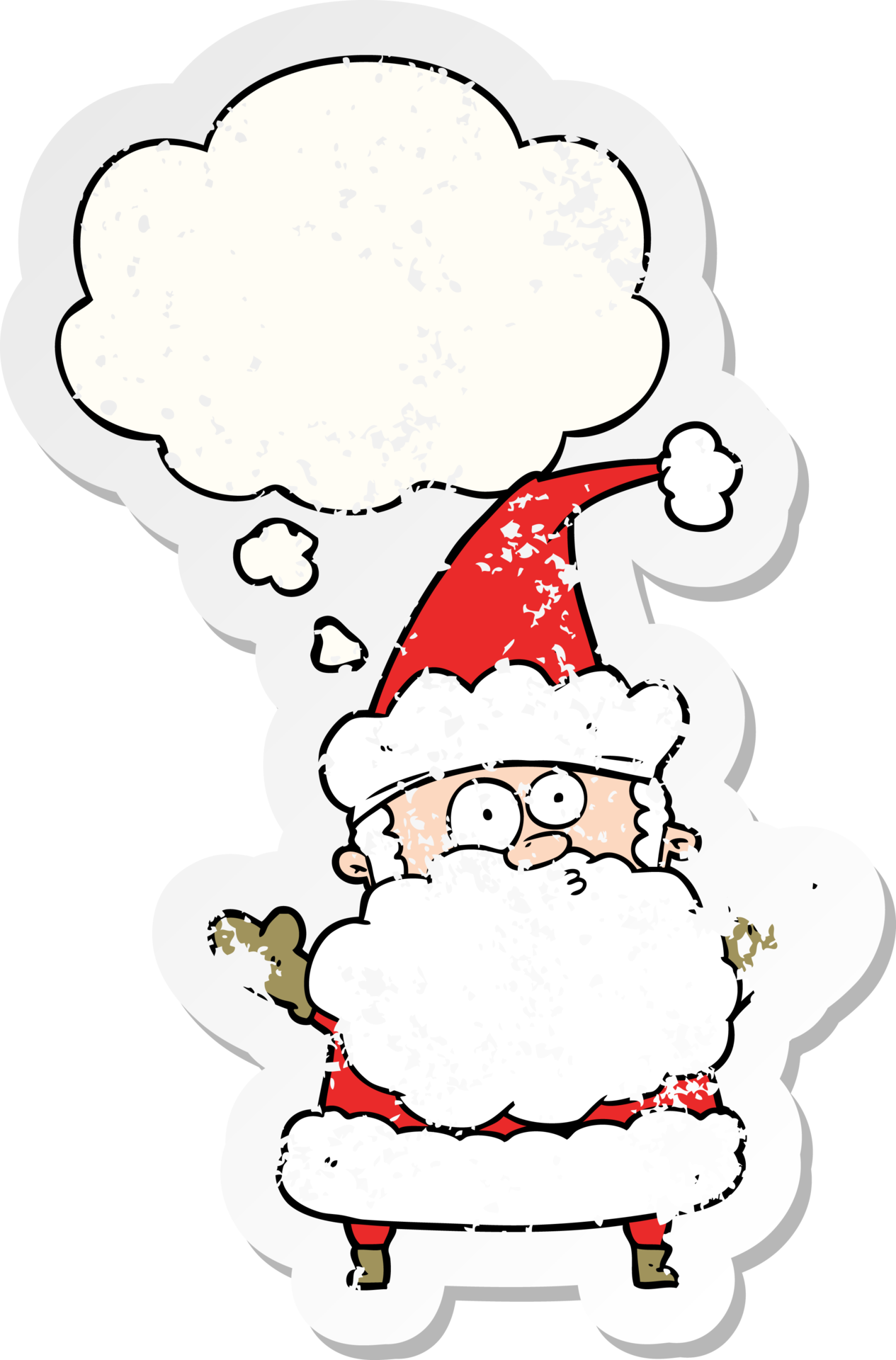 cartoon confused santa claus with thought bubble as a distressed worn ...