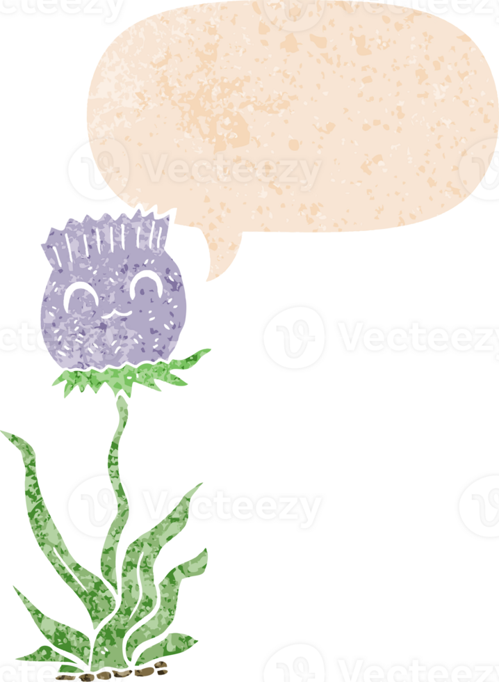 cartoon thistle with speech bubble in grunge distressed retro textured style 45185108 PNG
