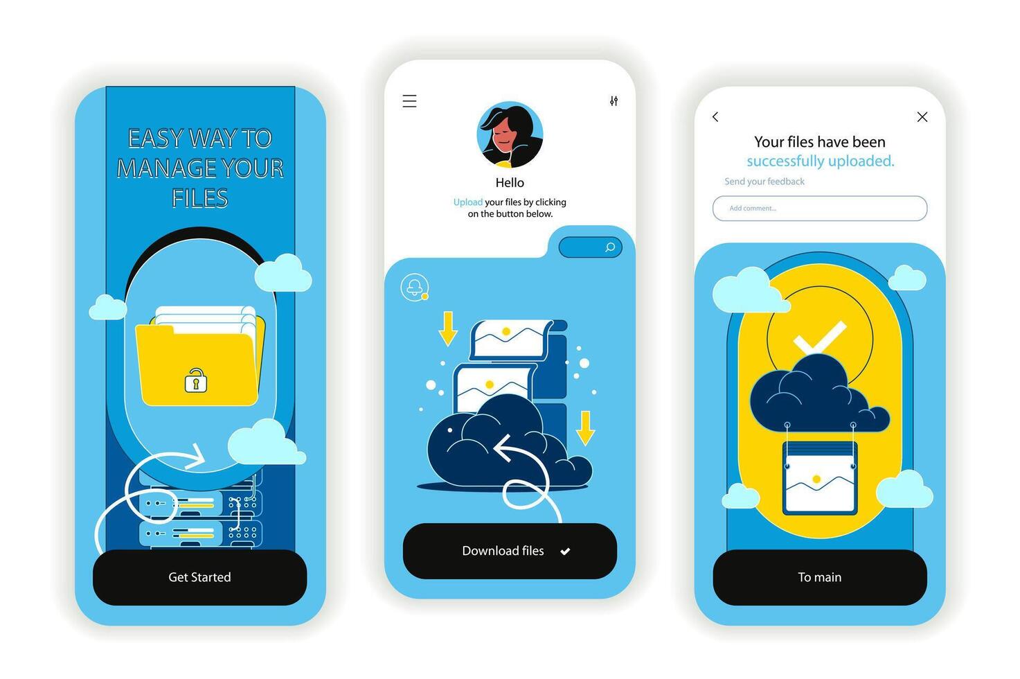 Cloud Technology Concept Onboarding Screens File Upload Online Transfer Backup And Secure