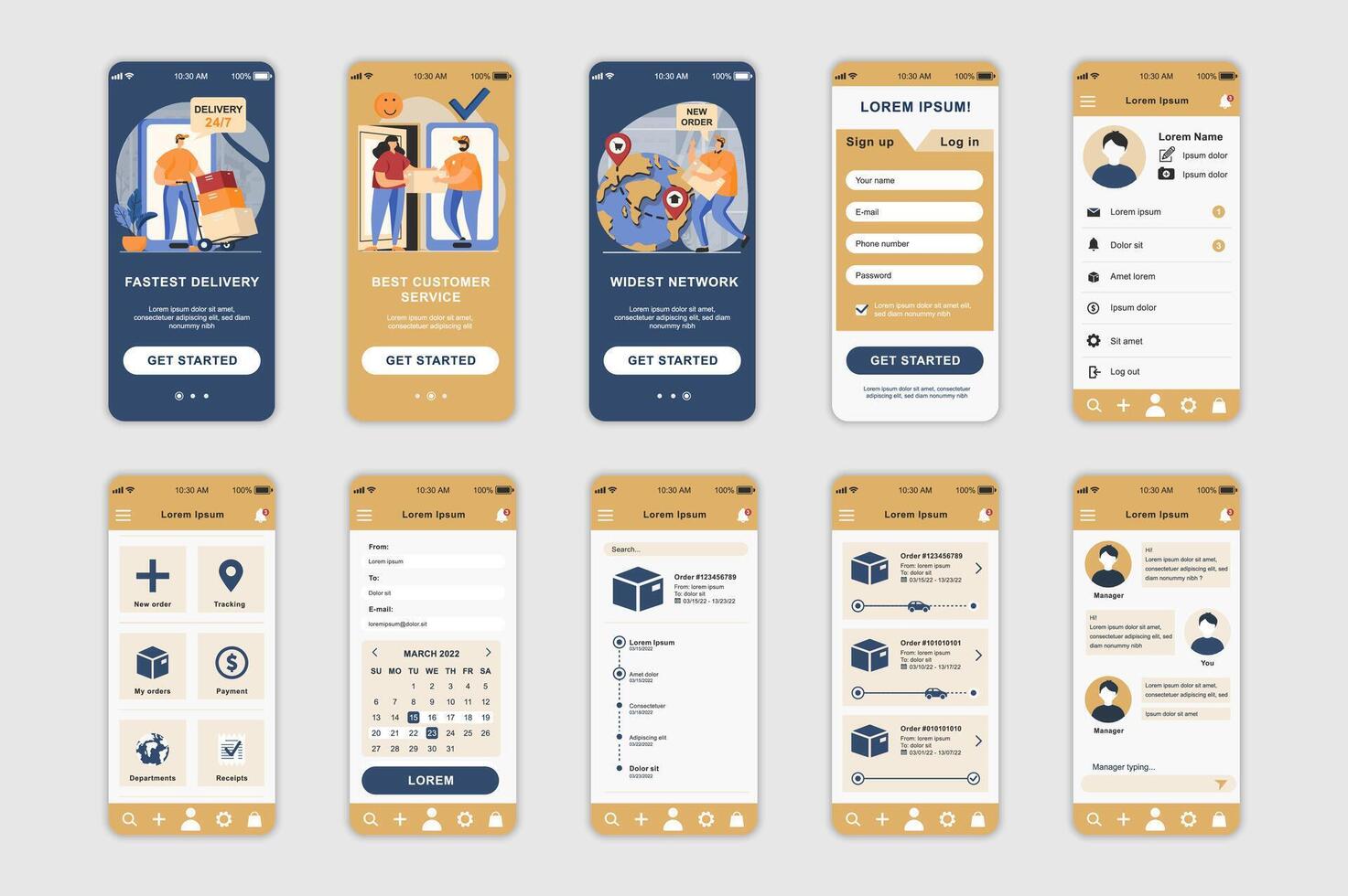 Delivery concept screens set for mobile app template. People use online order and fast shipping ...