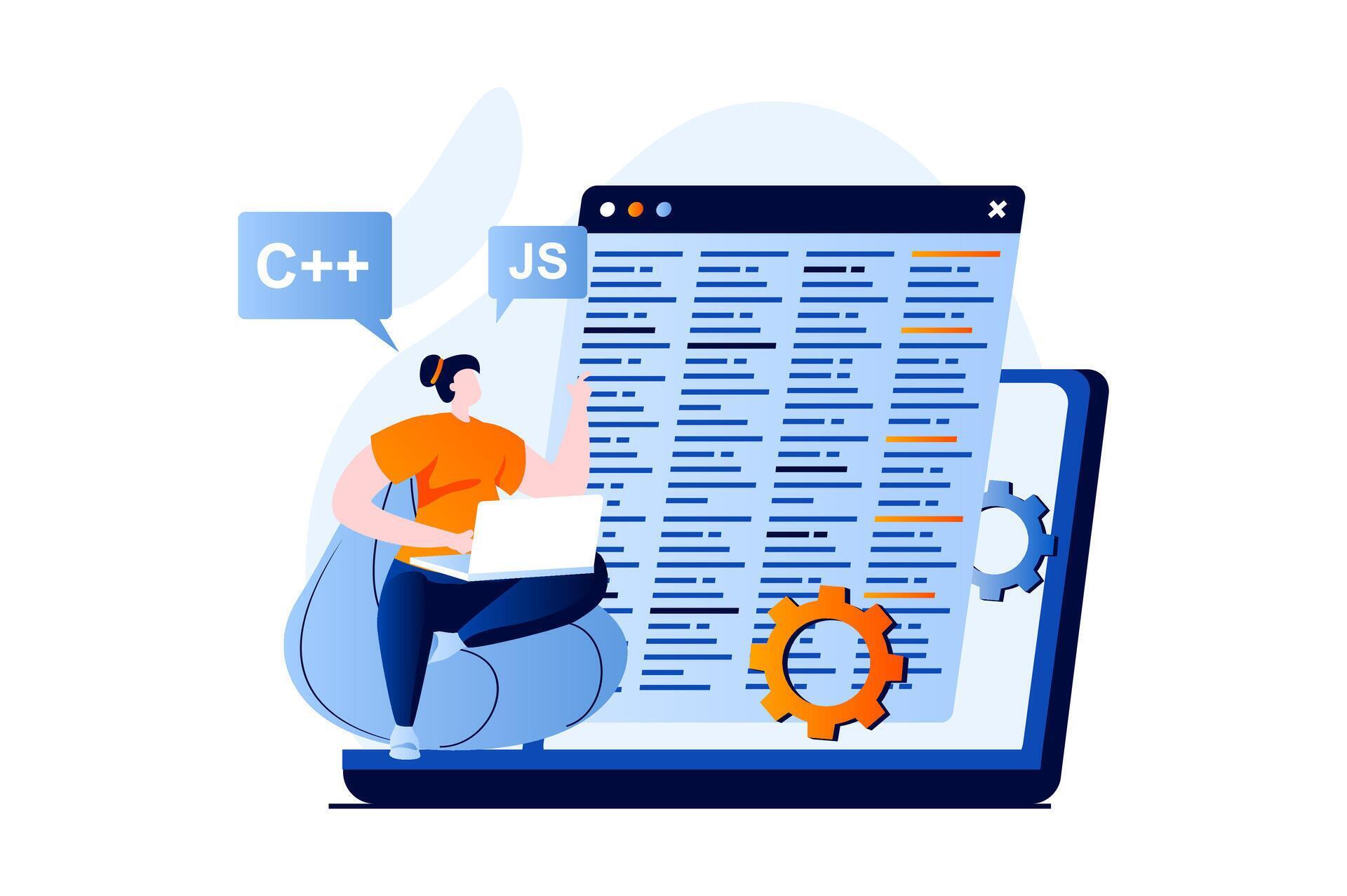 Software development concept with people scene in flat cartoon design ...