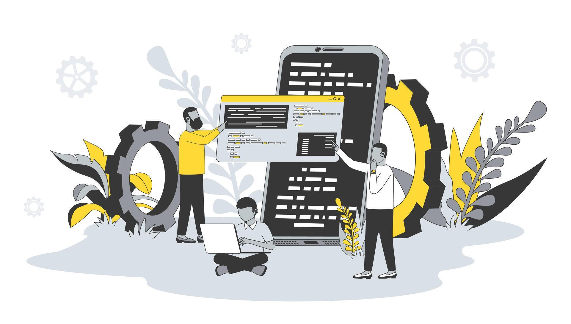 Software development concept in flat design with people. Men writing ...