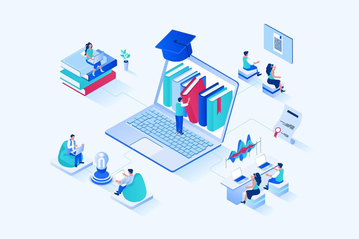 Online studying 3d isometric web design. People read books and study textbooks, improve skills ...