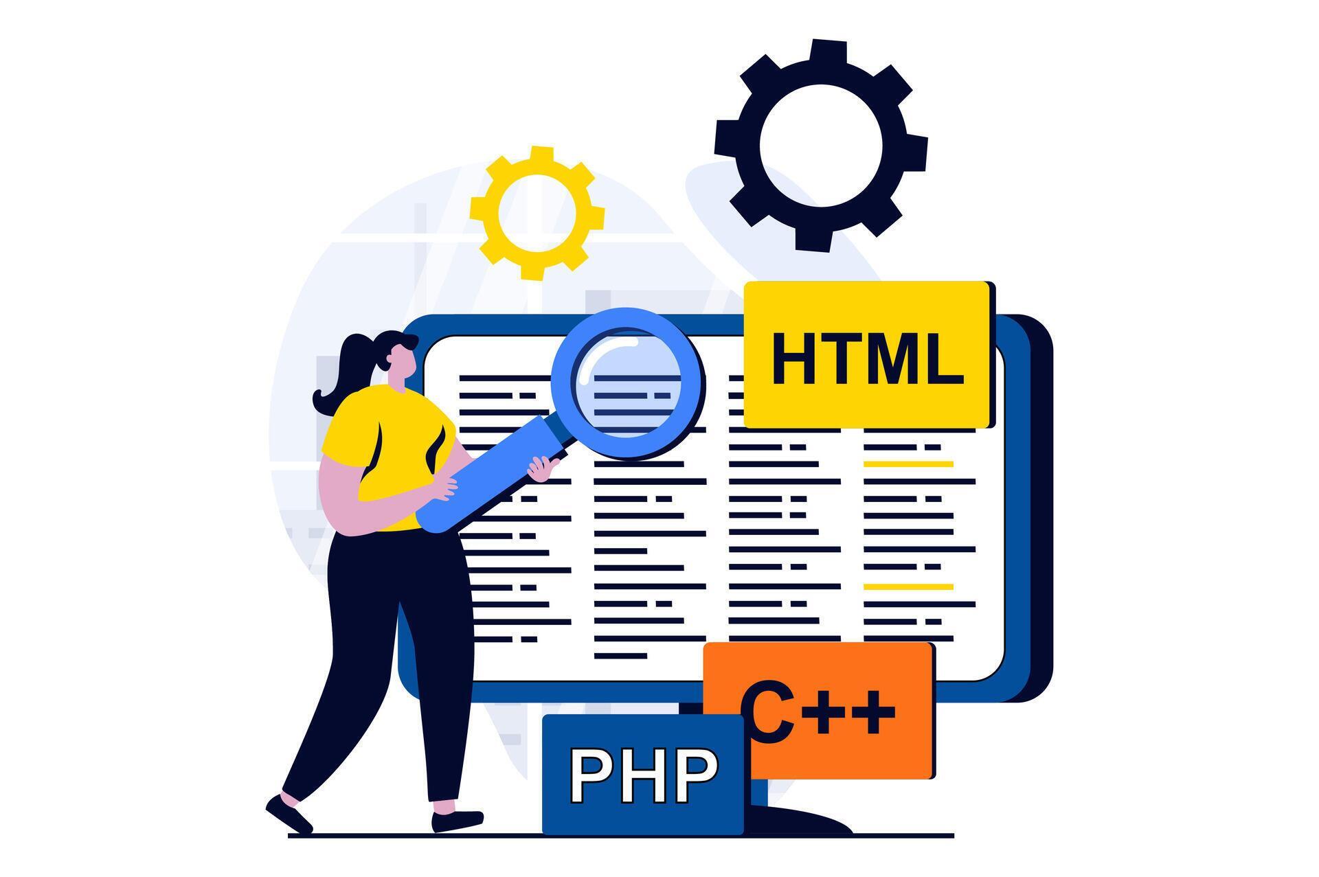 Software development concept with people scene in flat cartoon design ...