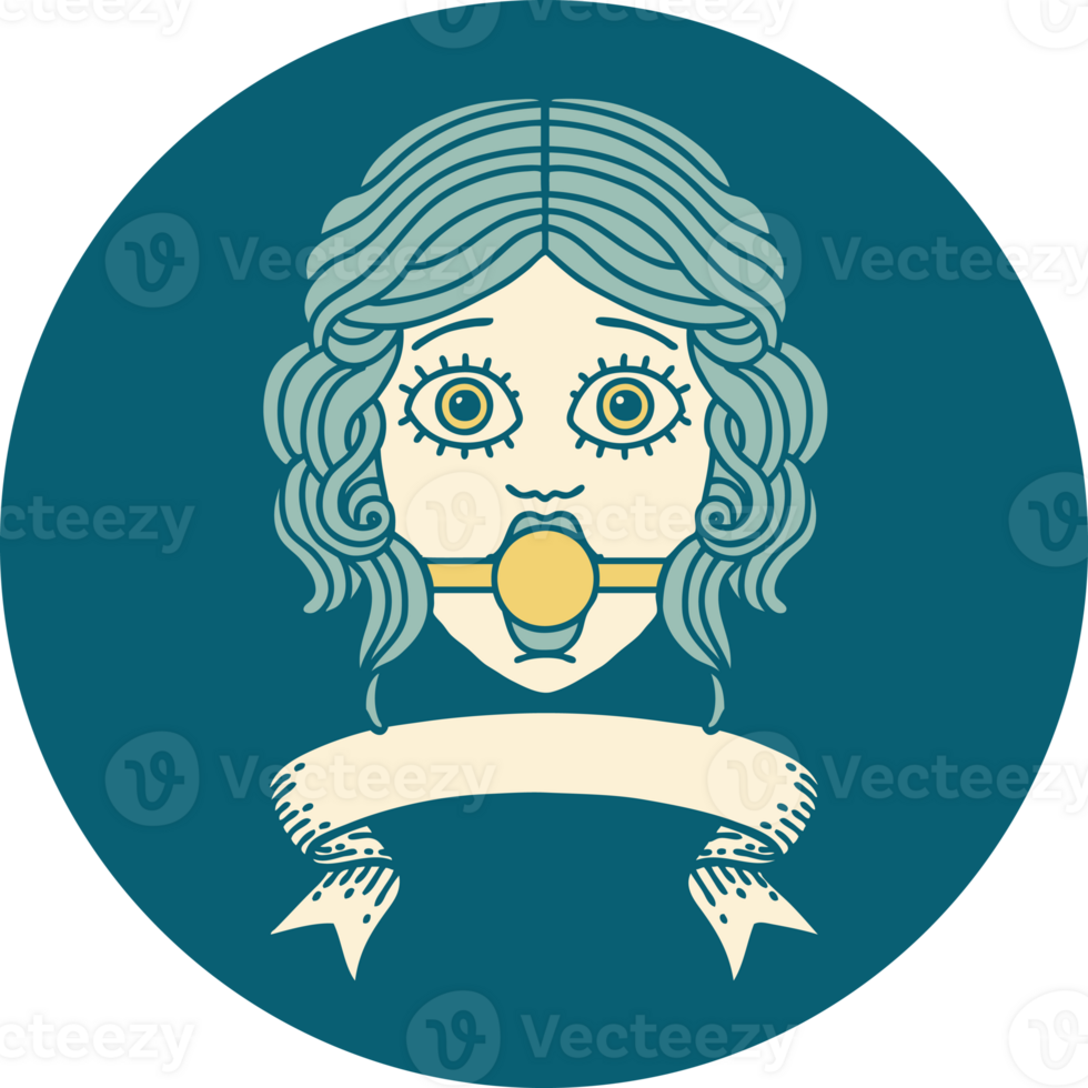 Tattoo Style Icon With Banner Of Female Face Wearing A Ball Gag