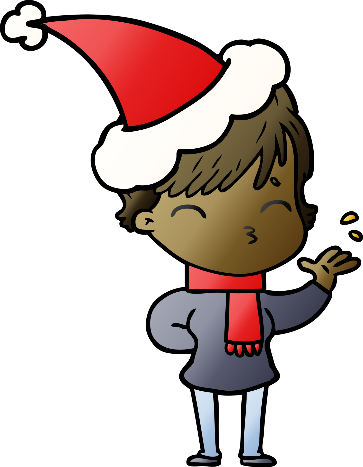 Hand Drawn Gradient Cartoon Of A Woman Thinking Wearing Santa Hat
