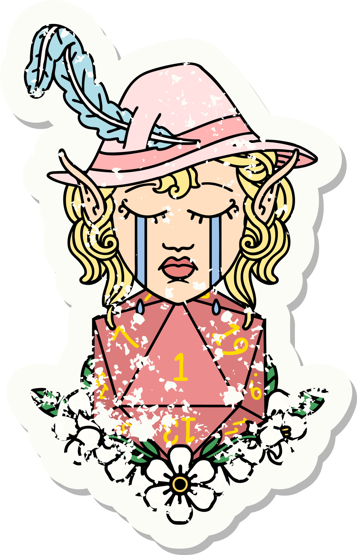 Crying Elf Bard Character With Natural One D20 Roll Grunge Sticker 45270887 Png