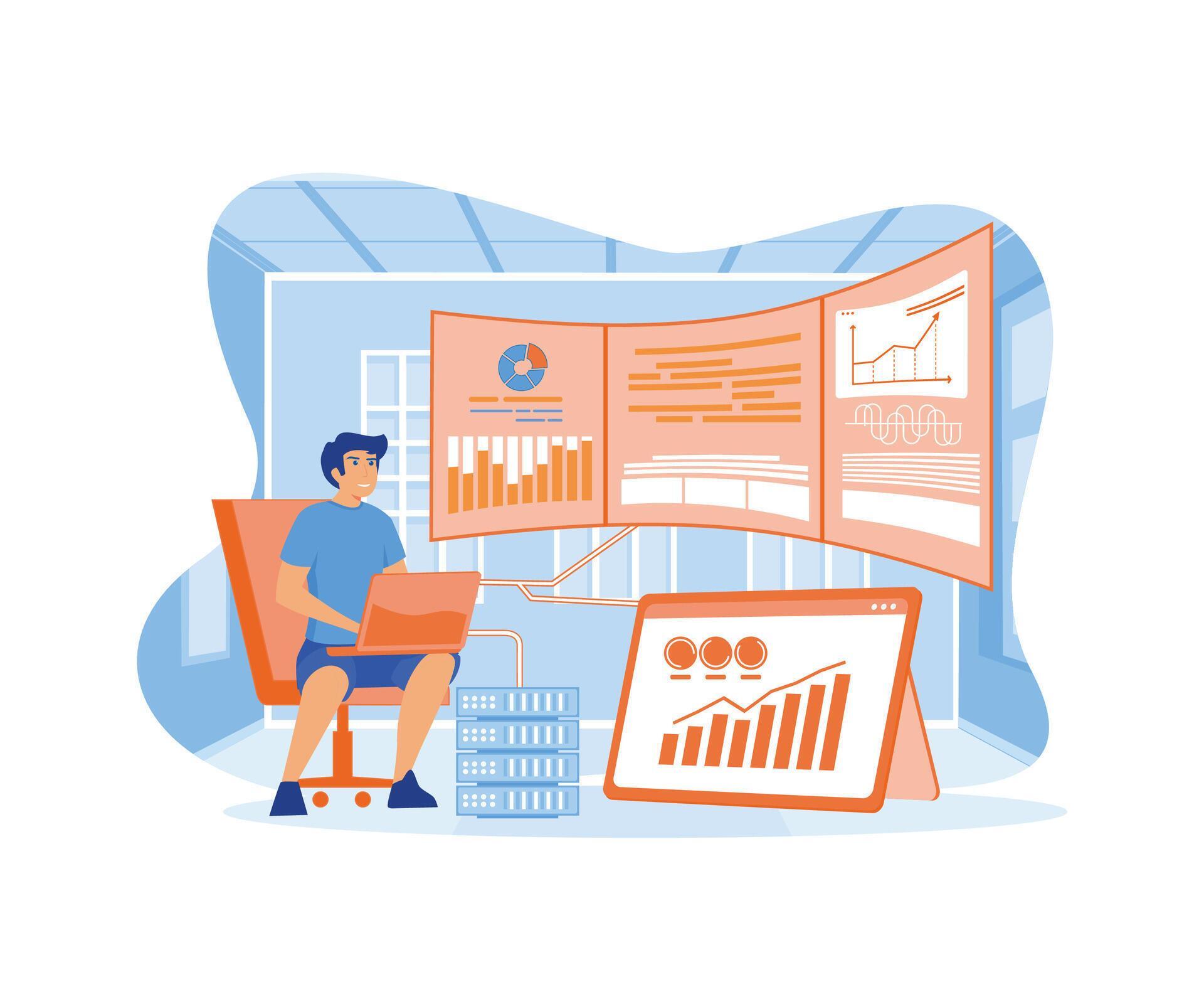 Man Working In Data Center Room Hosting Server Computer Monitoring Information Database. flat ...