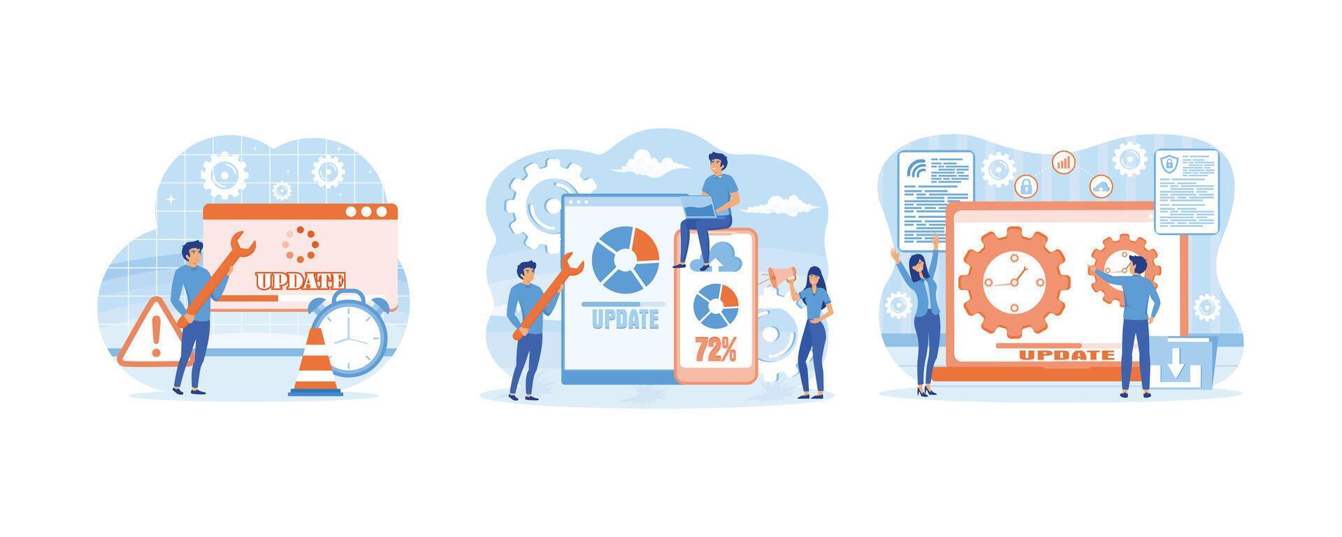 Tiny programmers upgrading operating system. System updates with people ... Tiny programmers upgrading operating system. System updates with people ...