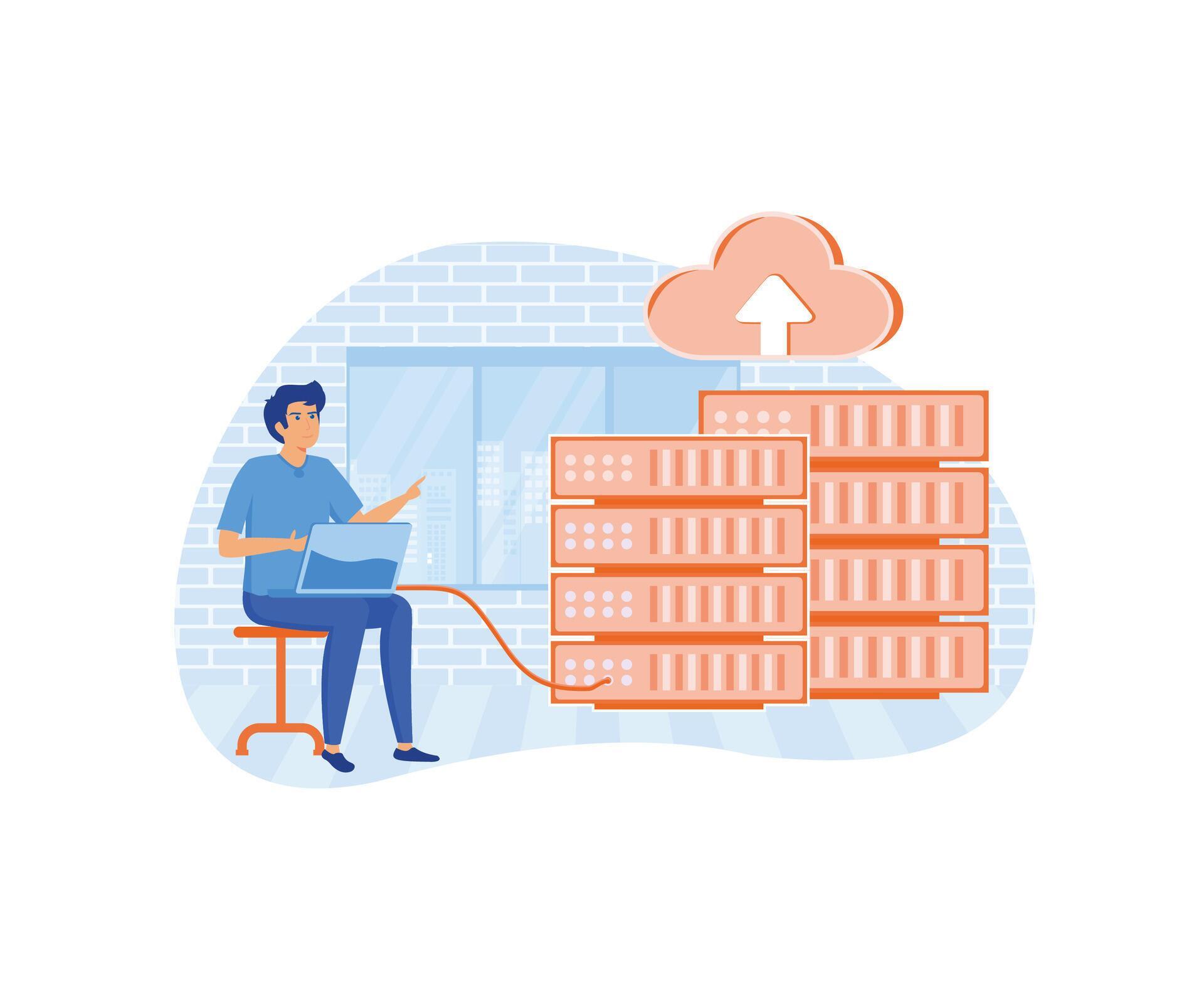 Data server web concept. Technician works in server room racks. Cloud storage technology ...
