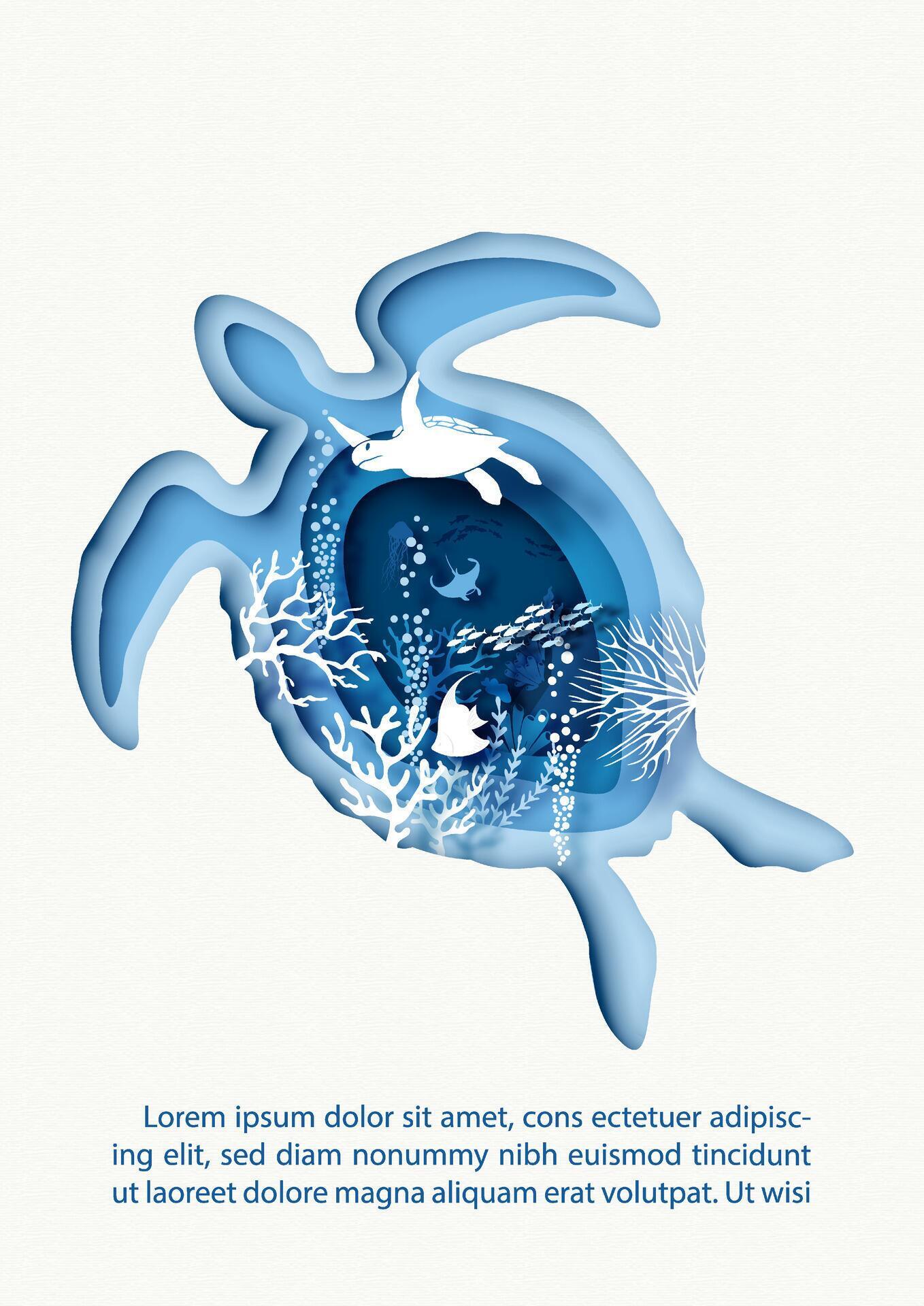 Card and poster scene of under the sea and ocean in a sea turtle shape ...