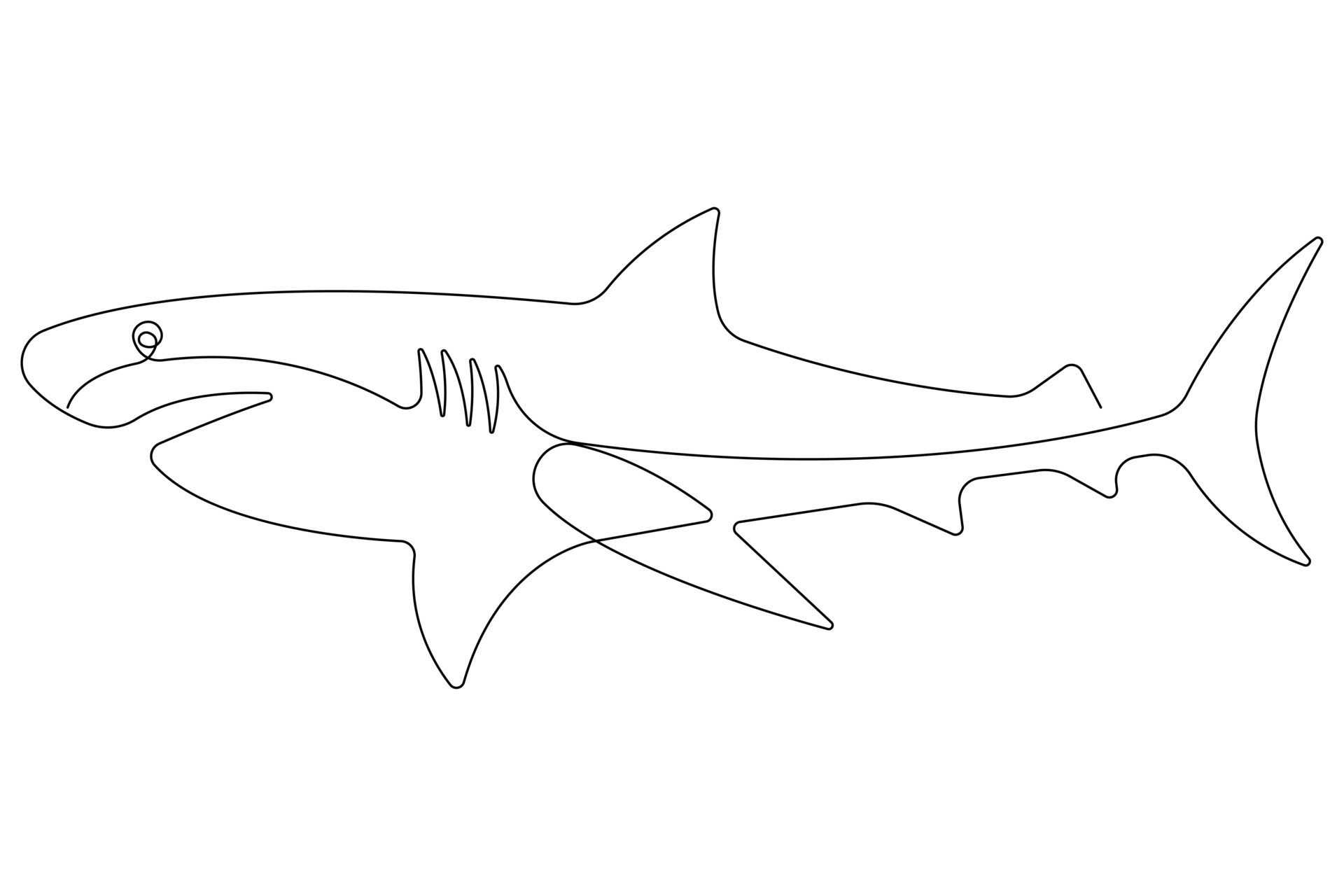 One continuous single line art drawing of shark sea fish underwater ...