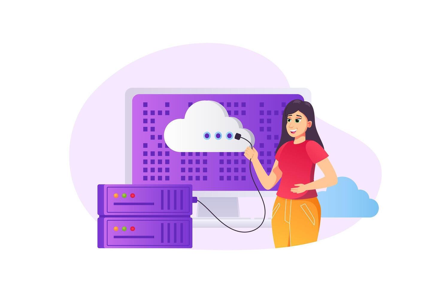 Cloud computing concept in flat style with people scene. Happy woman working with cloud service ...