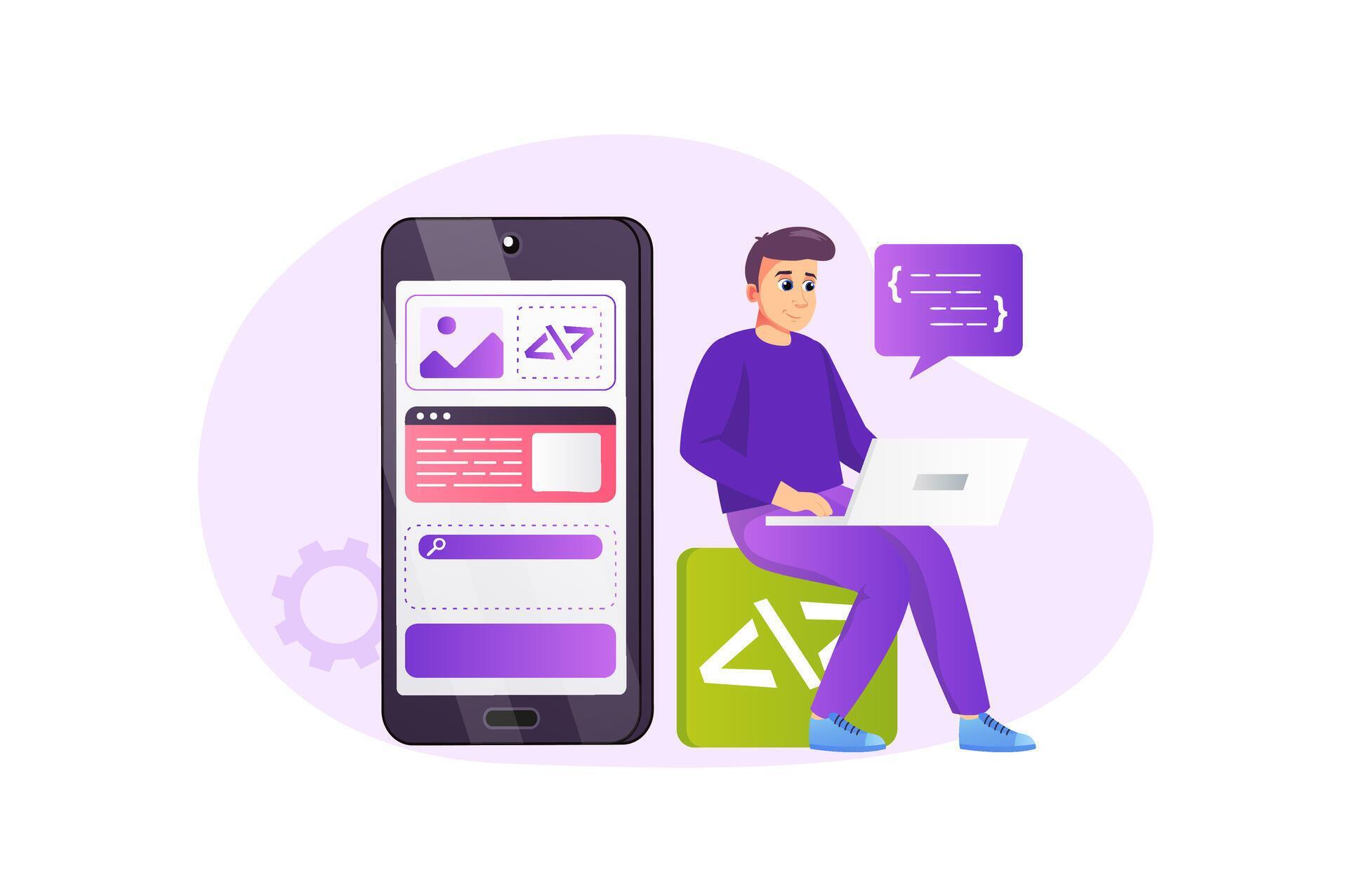 App Development Concept In Flat Style With People Scene Happy Man Coding Programming And