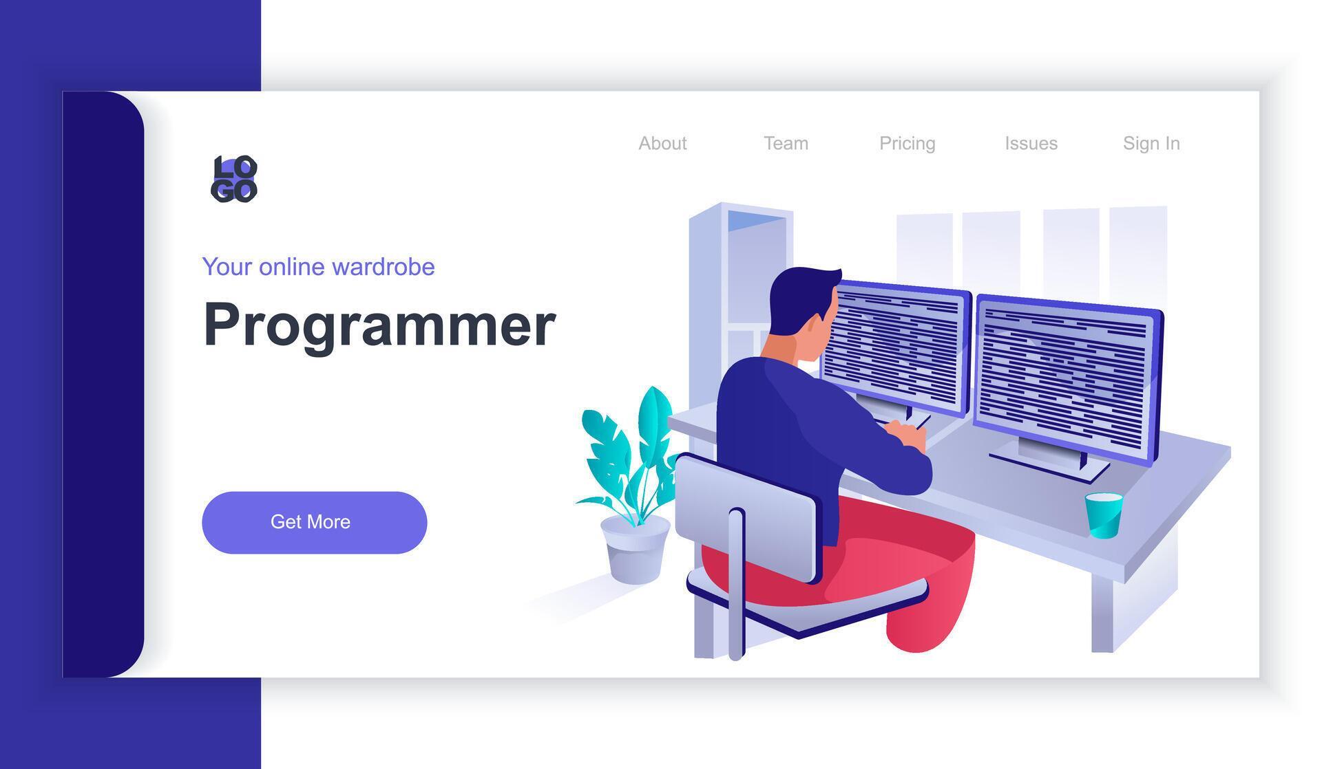 Programmer concept 3d isometric web banner with people scene. Man codes ...