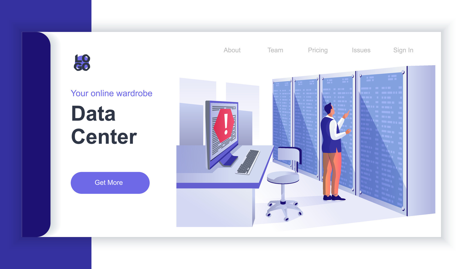 Data center concept 3d isometric web banner with people scene. Engineer ...