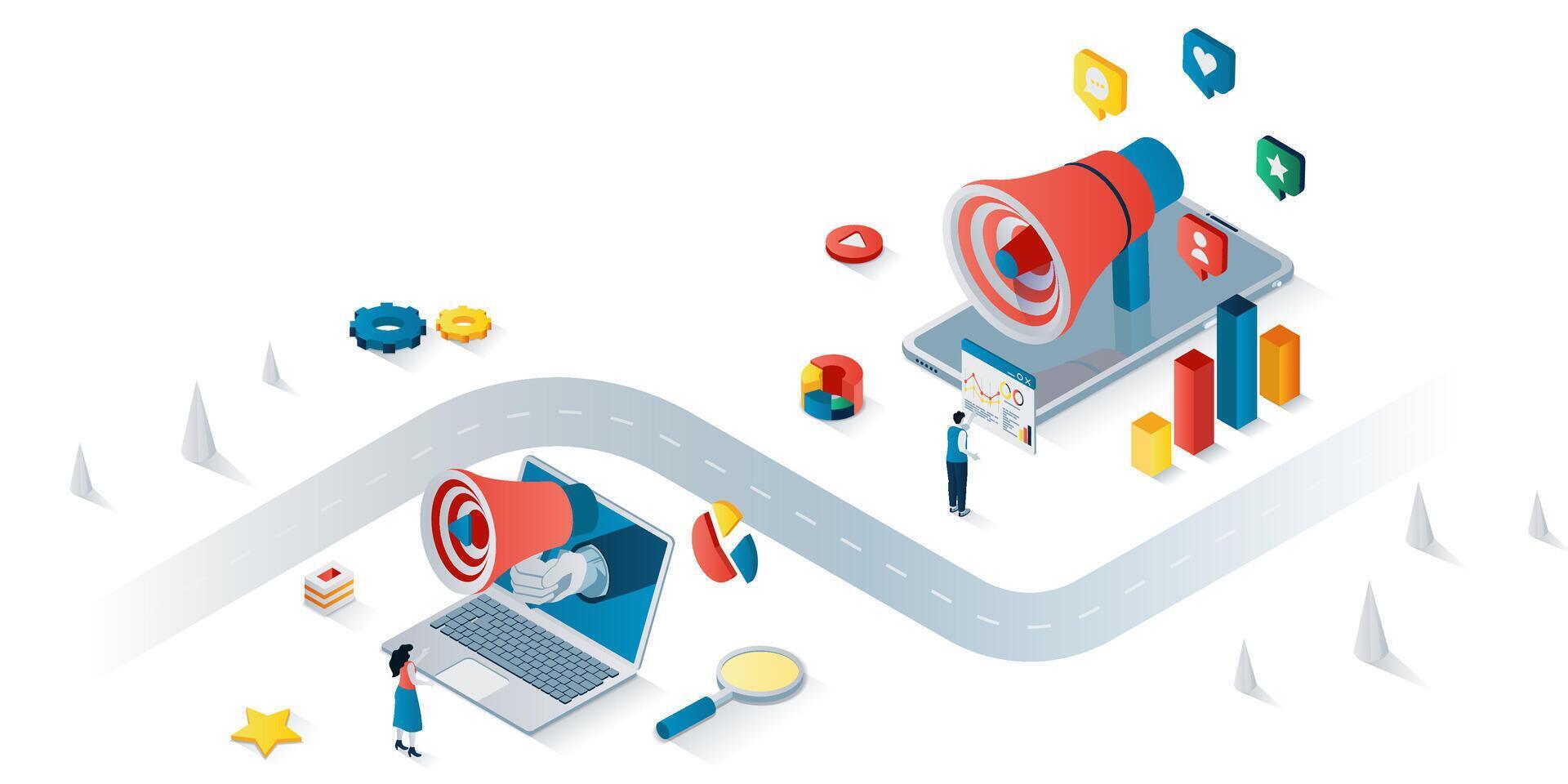 Digital marketing concept 3d isometric web banner. People making ...