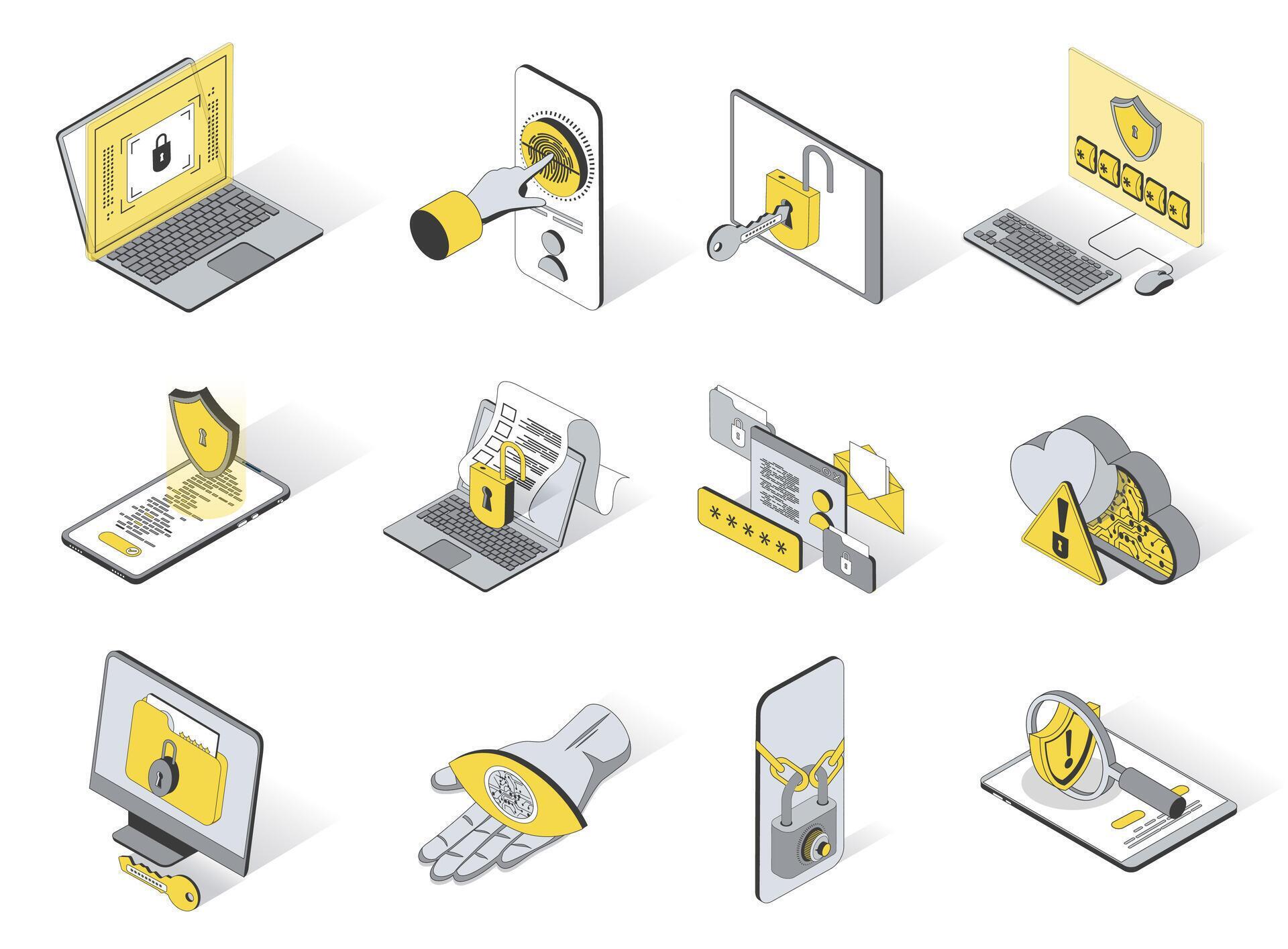 Cyber security concept 3d isometric icons set. Pack elements of password, fingerprint scanner ...