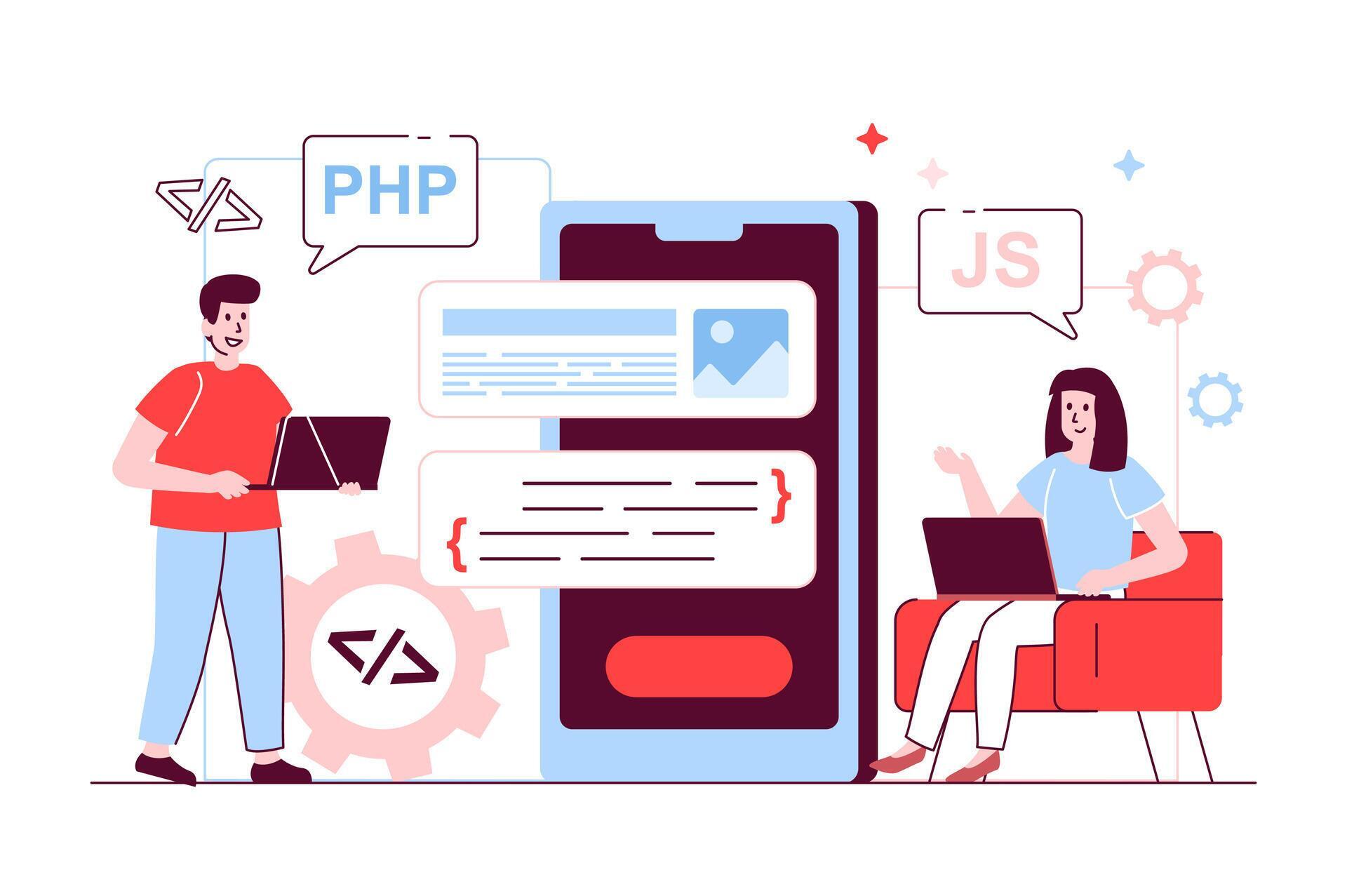 App development concept in flat line design. Man and woman developers create applications, code ...