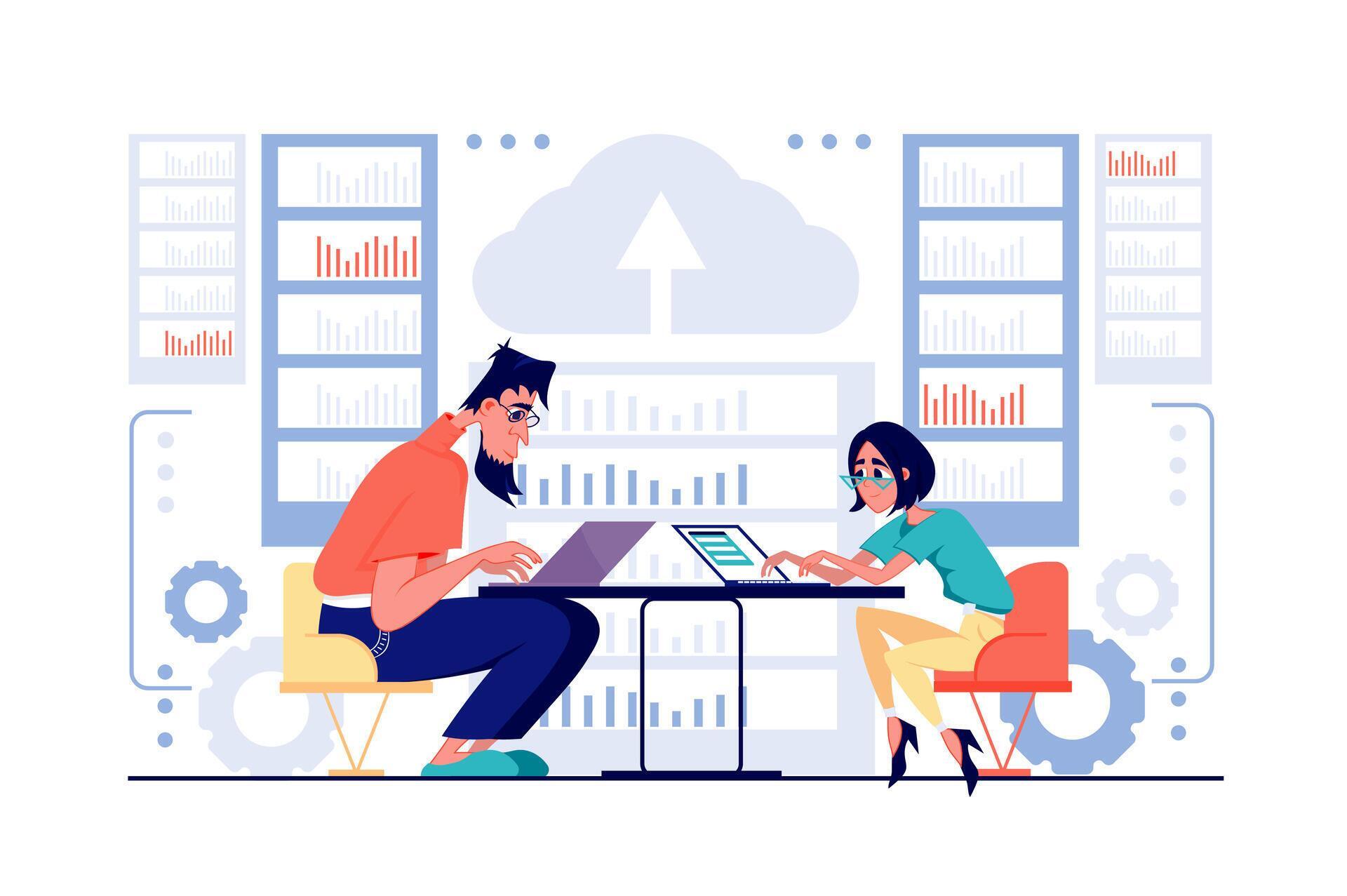 Data center concept in flat cartoon design. Man and woman working in ...