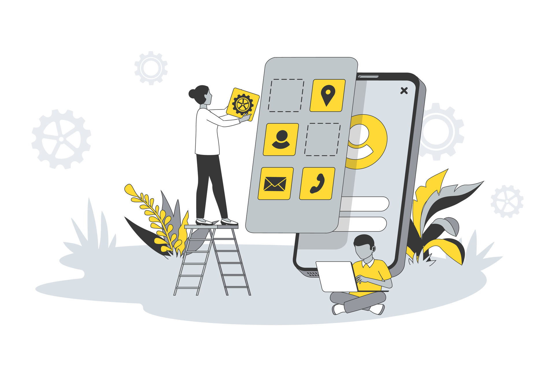 App development concept in flat line design. People create and optimize applications, place ...