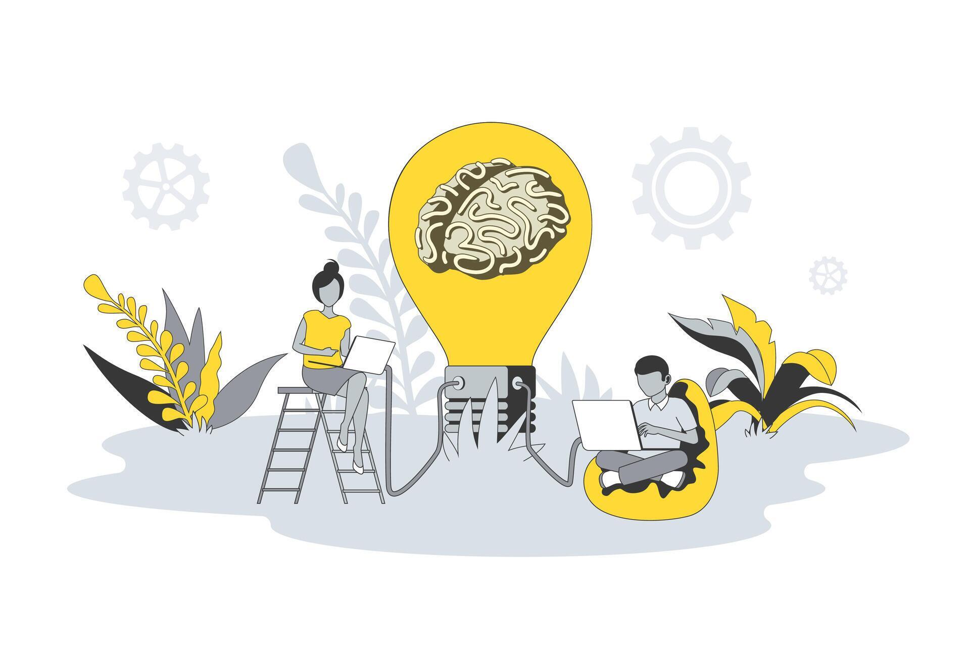 Brainstorming concept in flat line design. People generate creative new ...