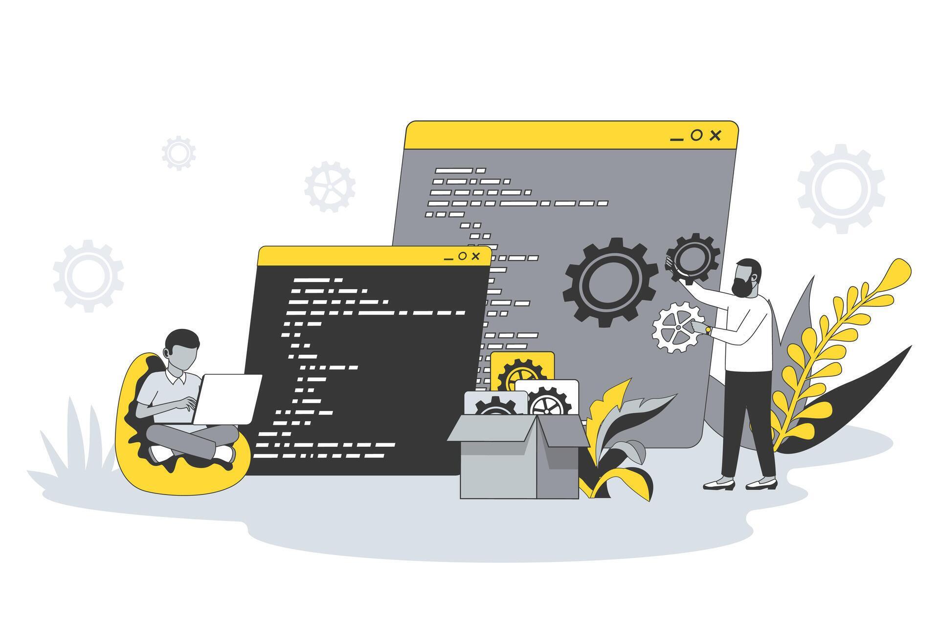 Software Development Concept In Flat Line Design People Write Code Settings And Testing