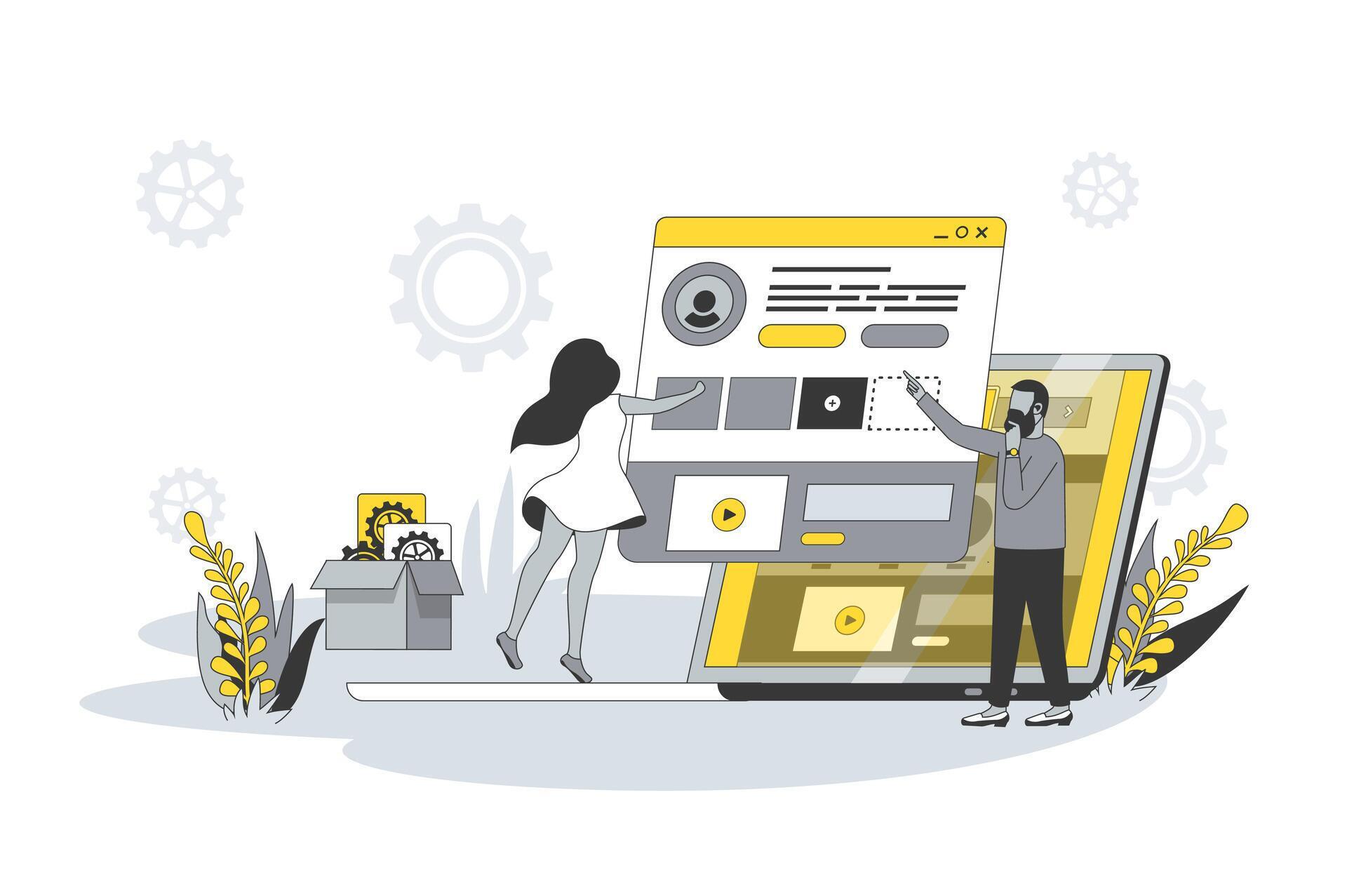 Ui Ux Design Concept In Flat Line Design People Create Layout And Optimize Places Of Buttons