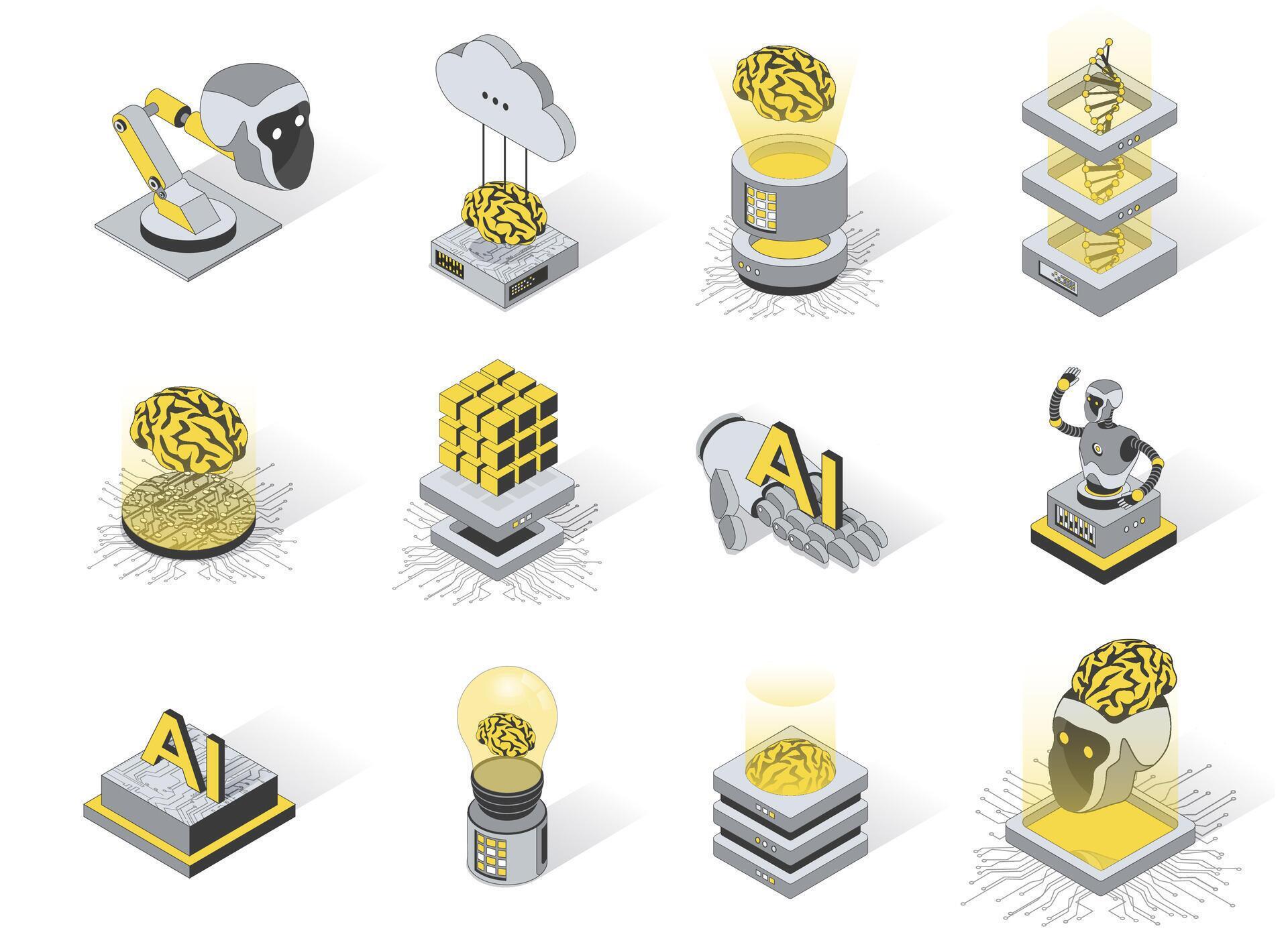 Artificial intelligence 3d isometric icons set. Pack elements of ...