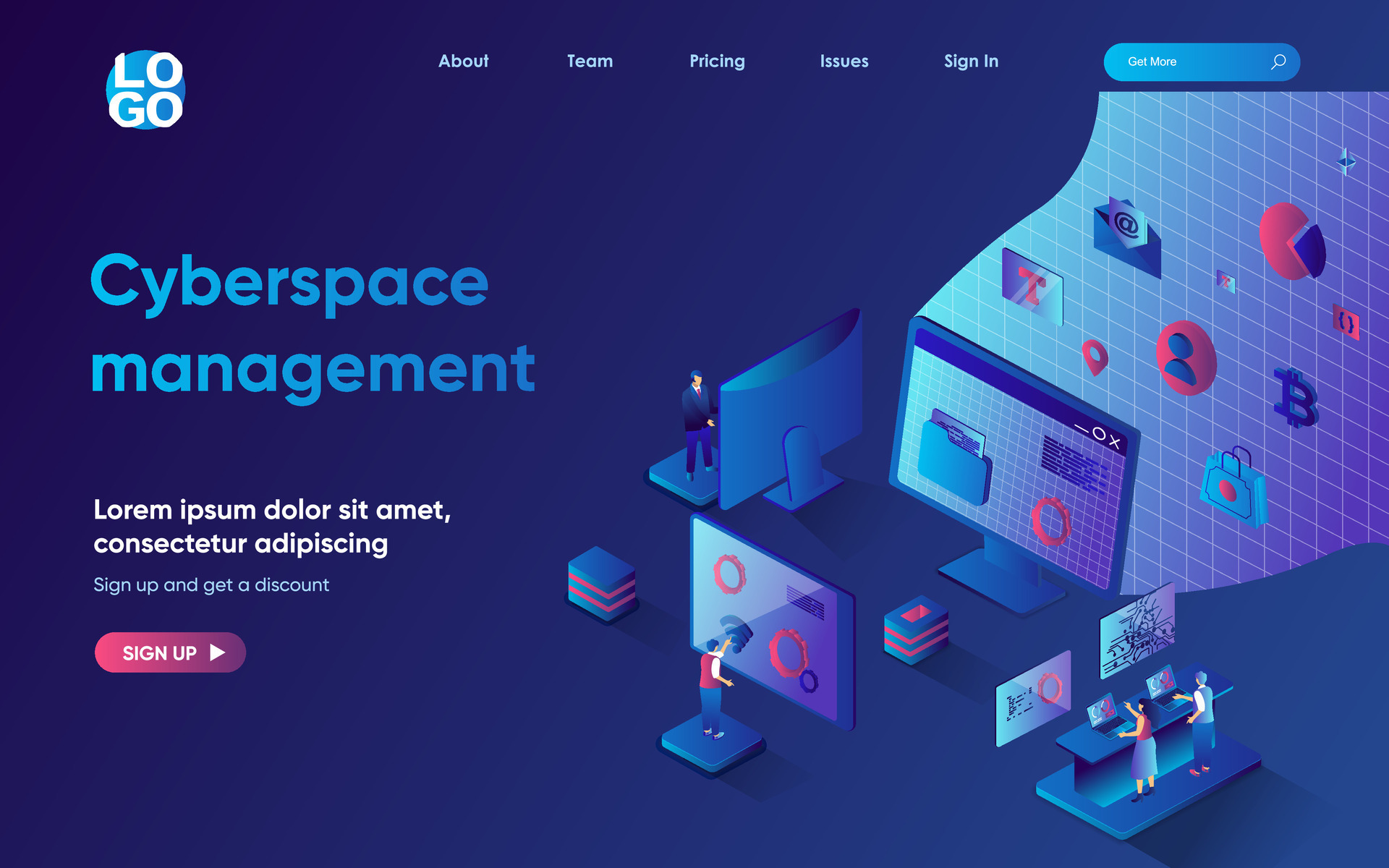Cyberspace management concept 3d isometric web landing page. People ...