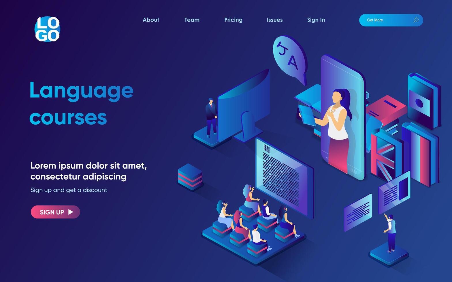 Language courses concept 3d isometric web landing page. People study ...