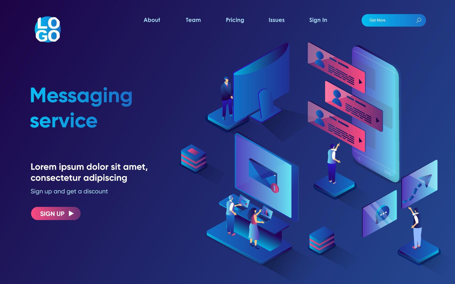 Messaging service concept 3d isometric web landing page. People ...