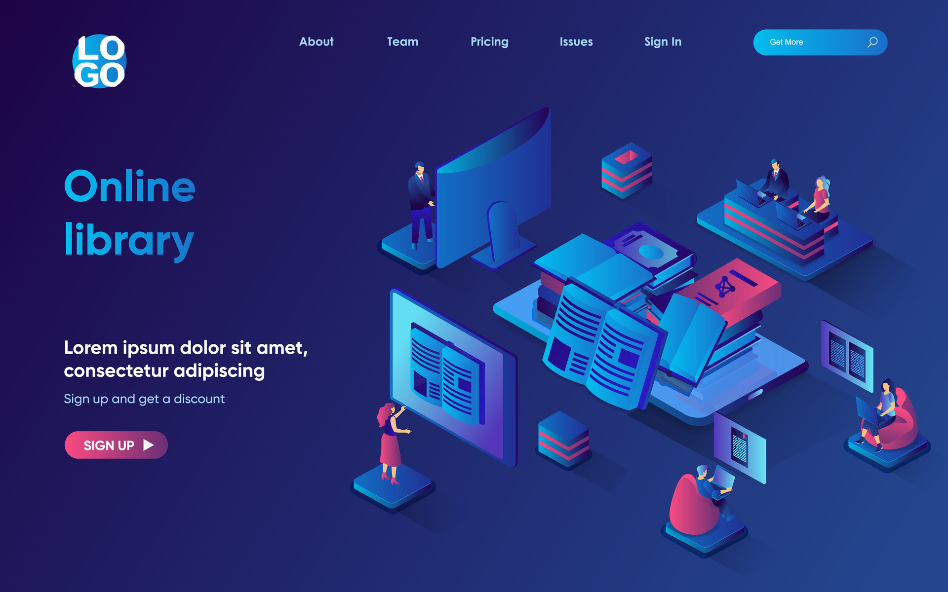 Online library concept 3d isometric web landing page. People read e ...