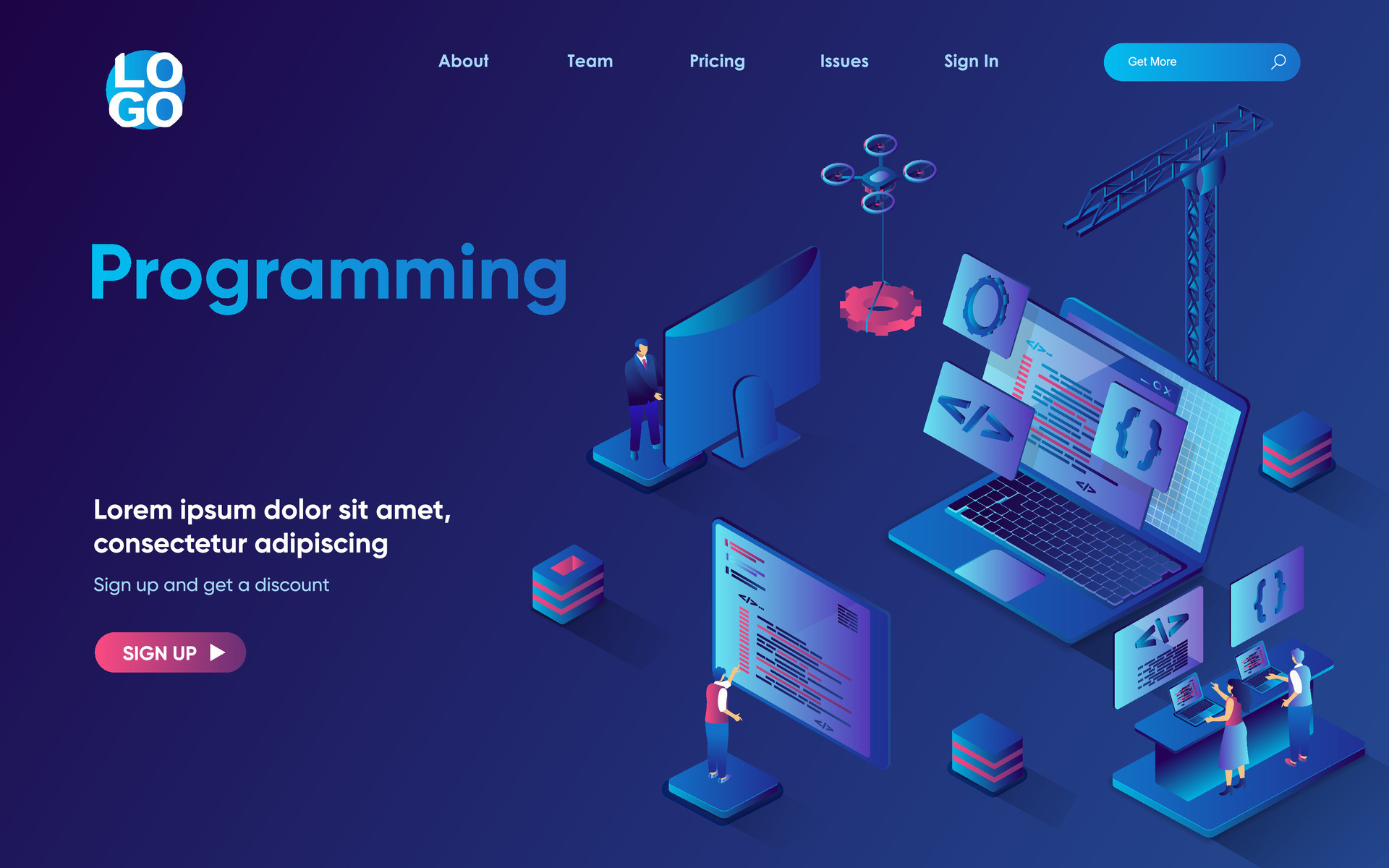 Programming concept 3d isometric web landing page. People develop software and programs, create ...