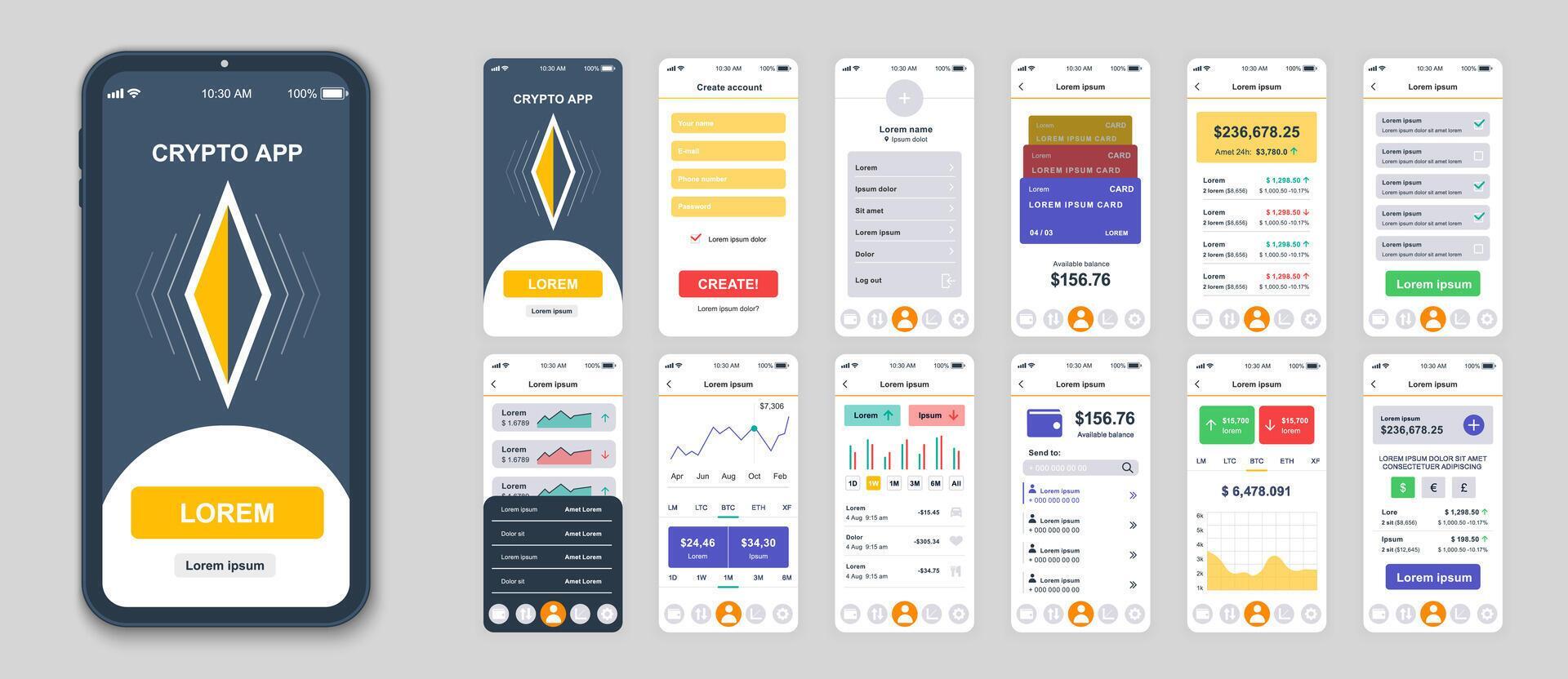 Set of UI, UX, GUI screens Cryptocurrency app flat design template for ...