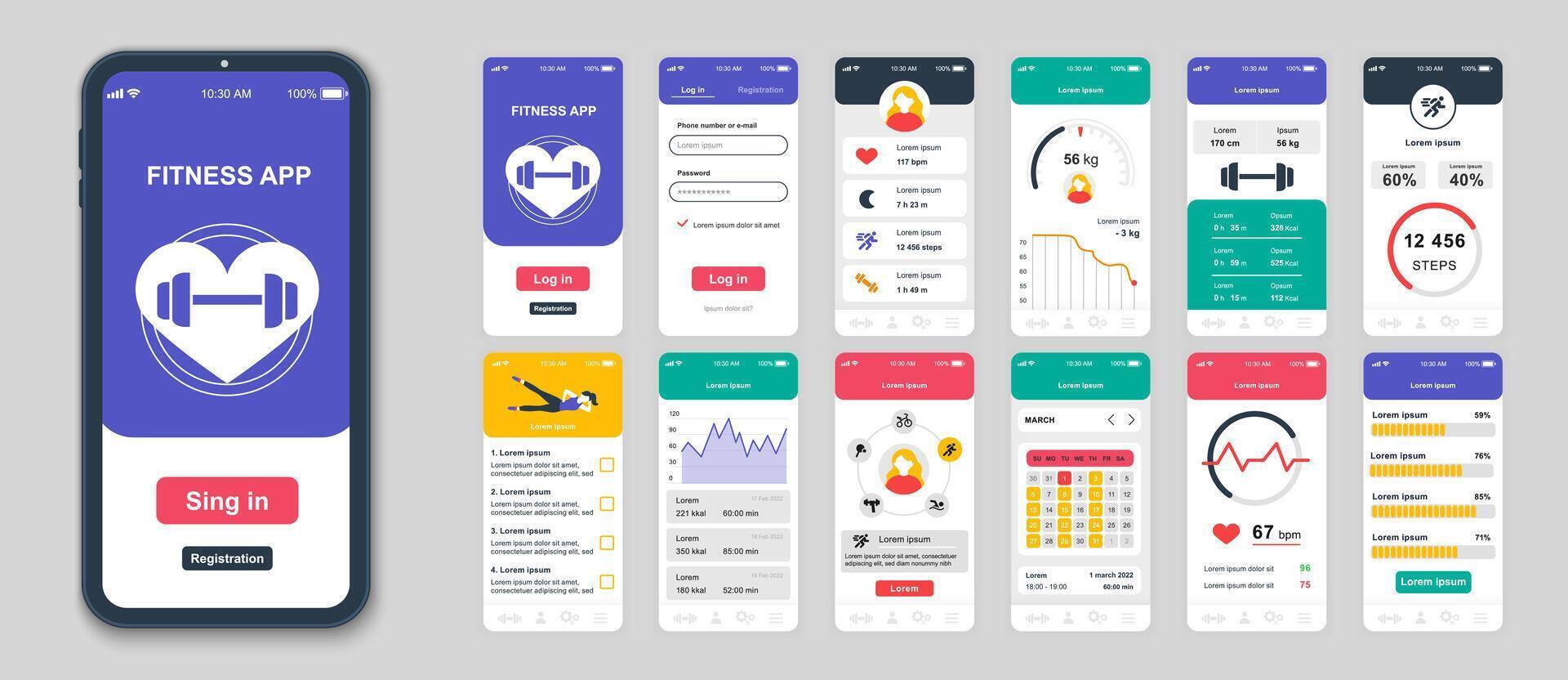 Set of UI, UX, GUI screens Fitness app flat design template for mobile ...