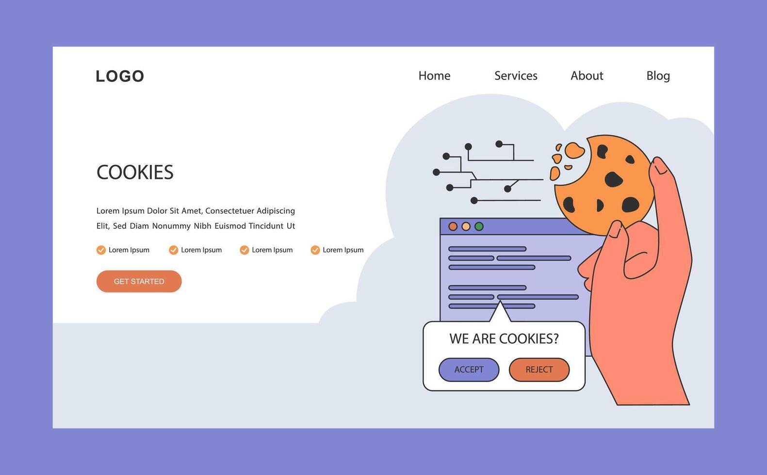 Cookie technology web banner or landing page. Web browser session ...