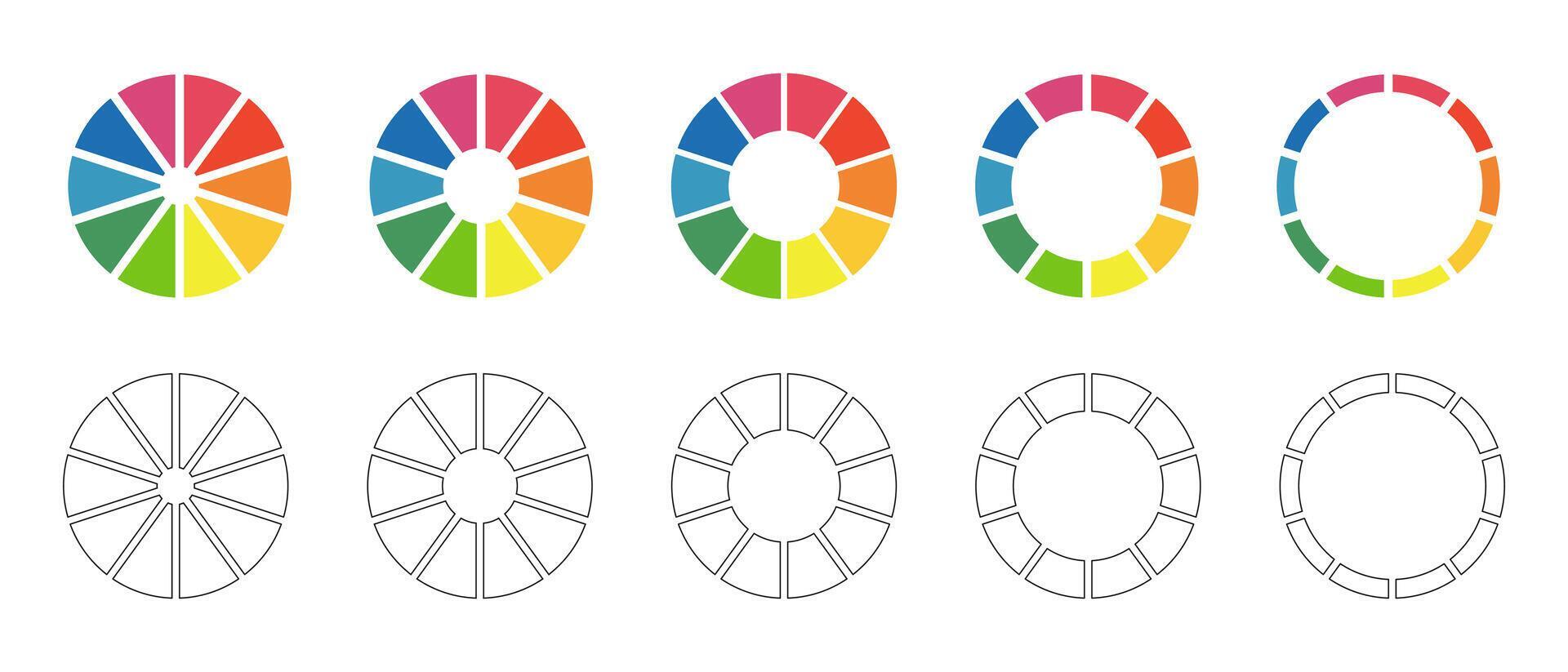 Circle section graph. Set of donut charts, pies segmented on 10 equal parts. Wheels divided in ...