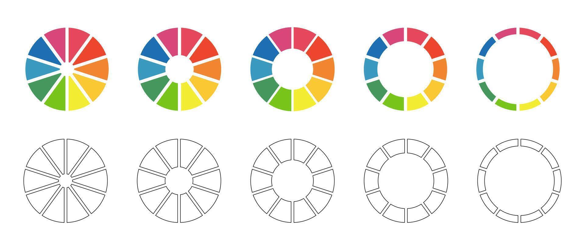 Circle section graph. Set of donut charts, pies segmented on 10 equal ...